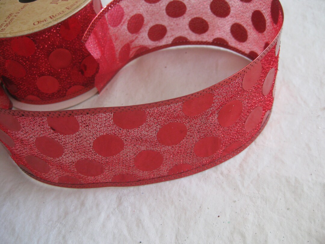 Wired Sparkly Sheer Red Ribbon, 2.5" X 5 Yards, With Metallic Red Polka ...