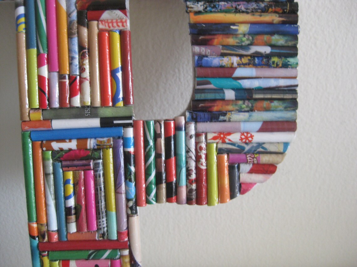 Letter P decorated w colorful up cycled magazine paper rolls | Etsy