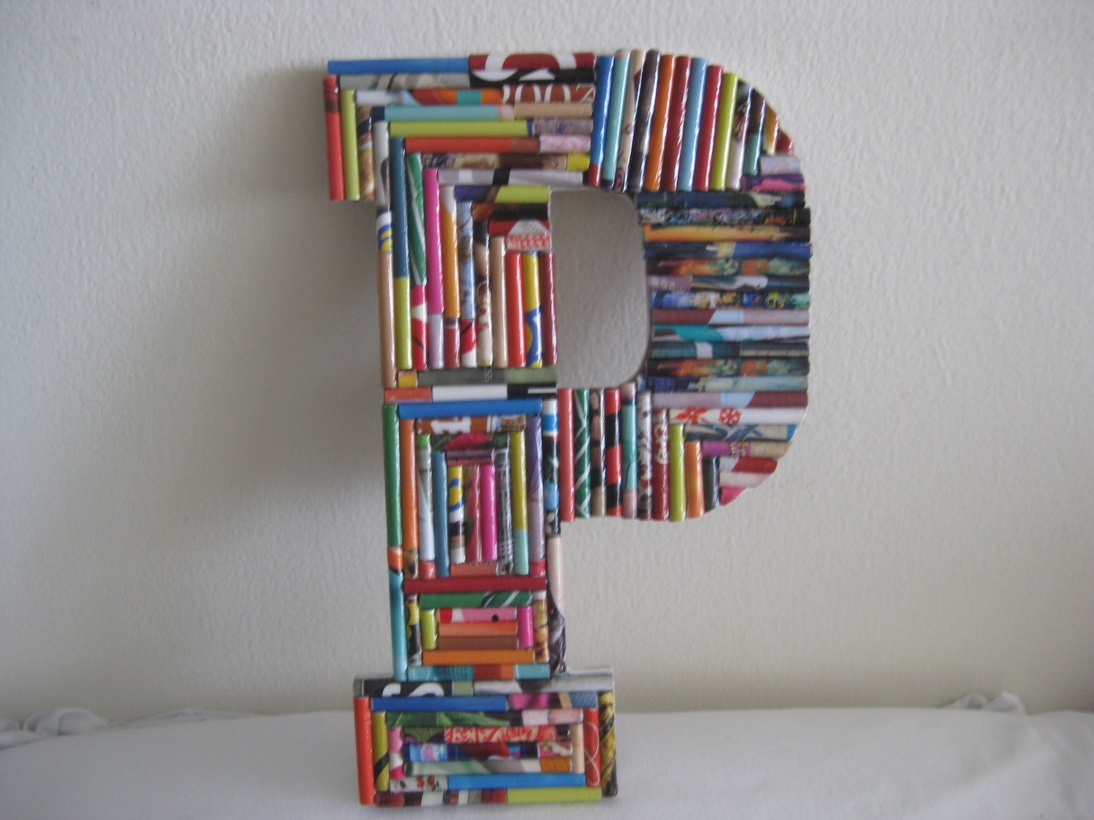 Letter P decorated w colorful up cycled magazine paper rolls | Etsy