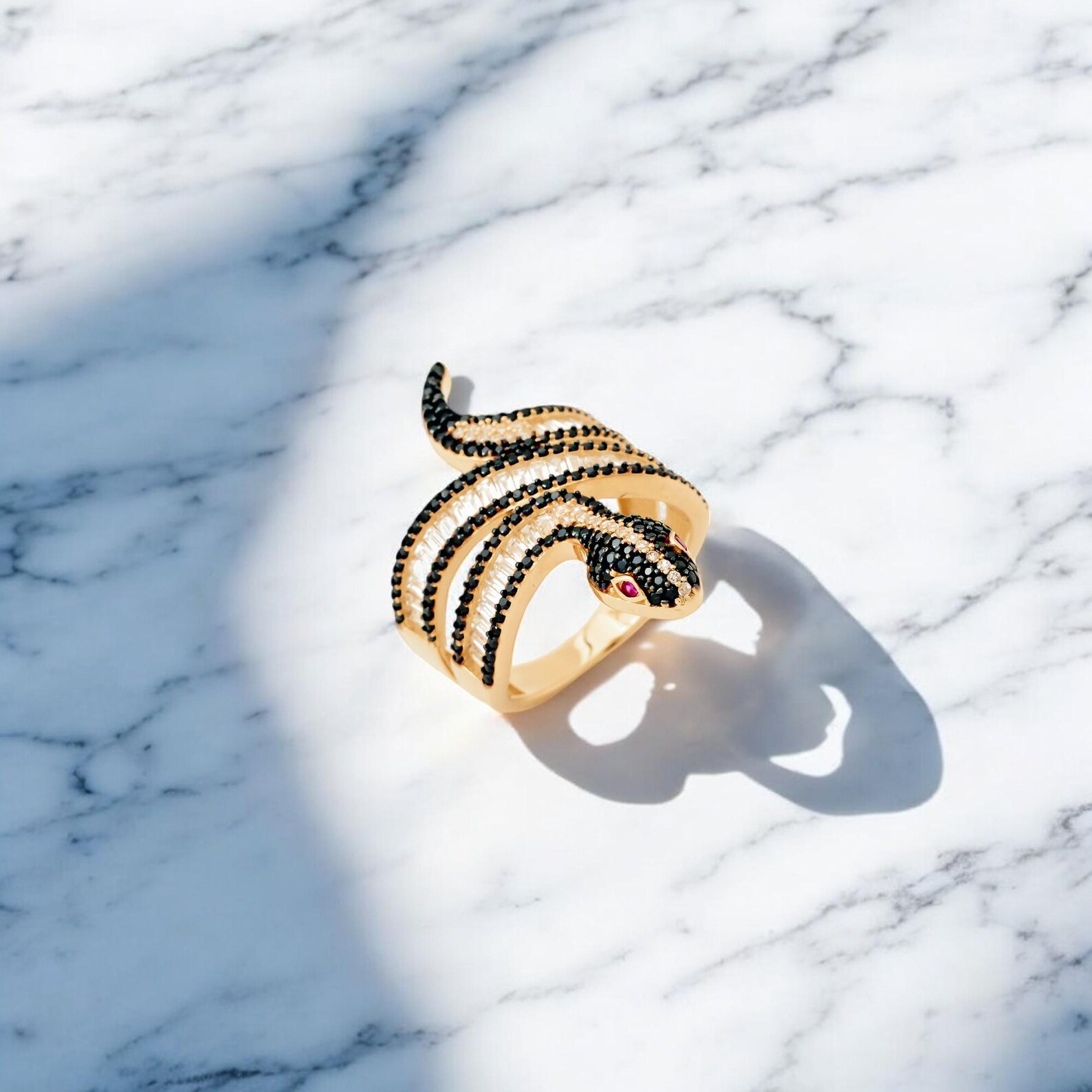 14K Gold Snake Ring With Black Diamonds, Ruby Eyes, and Baguette-cut ...