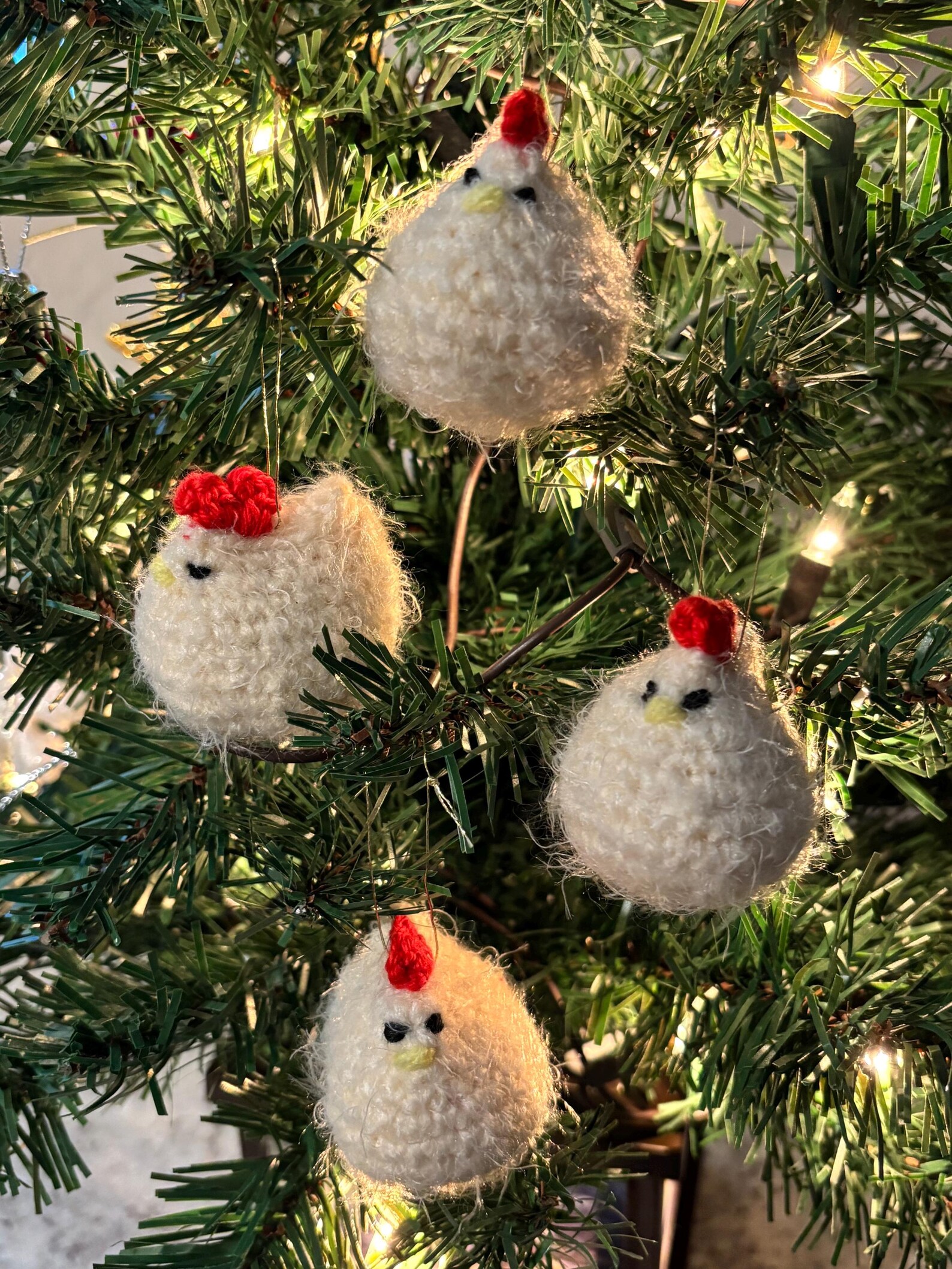 Christmas Hen Ornaments Set of 4 White Crochet Chickens Christmas ...