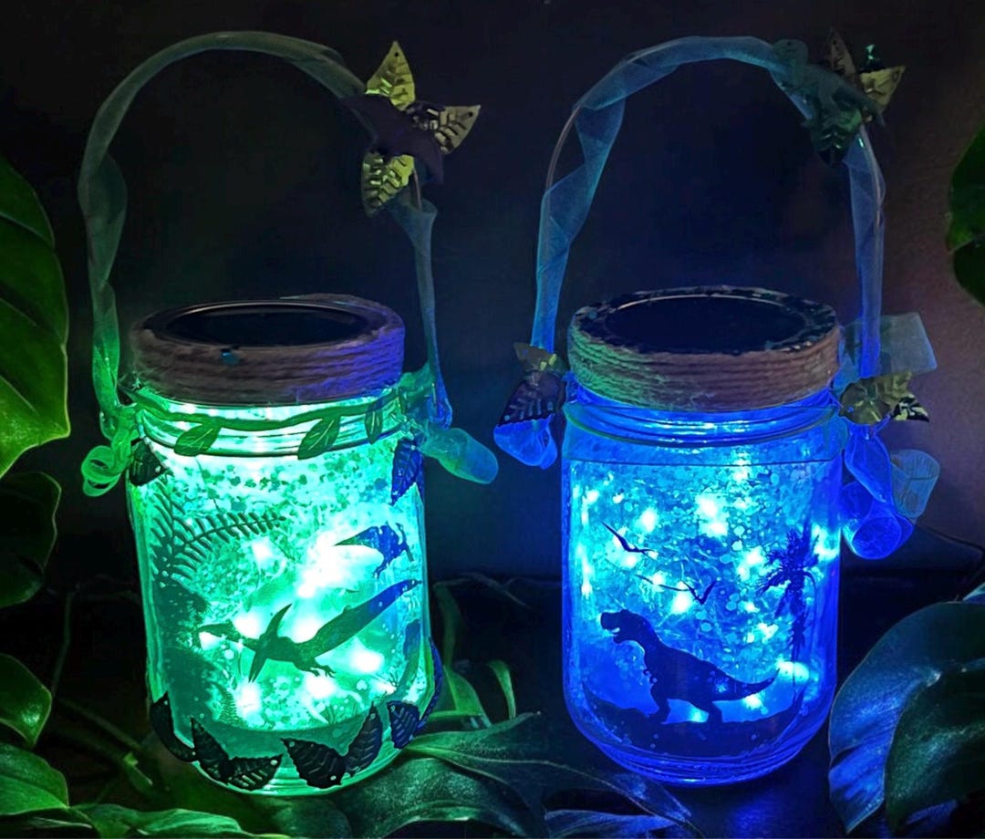 2 Pack Dinosaur Jungle Mason Jar Solar Powered Battery Backup Night ...