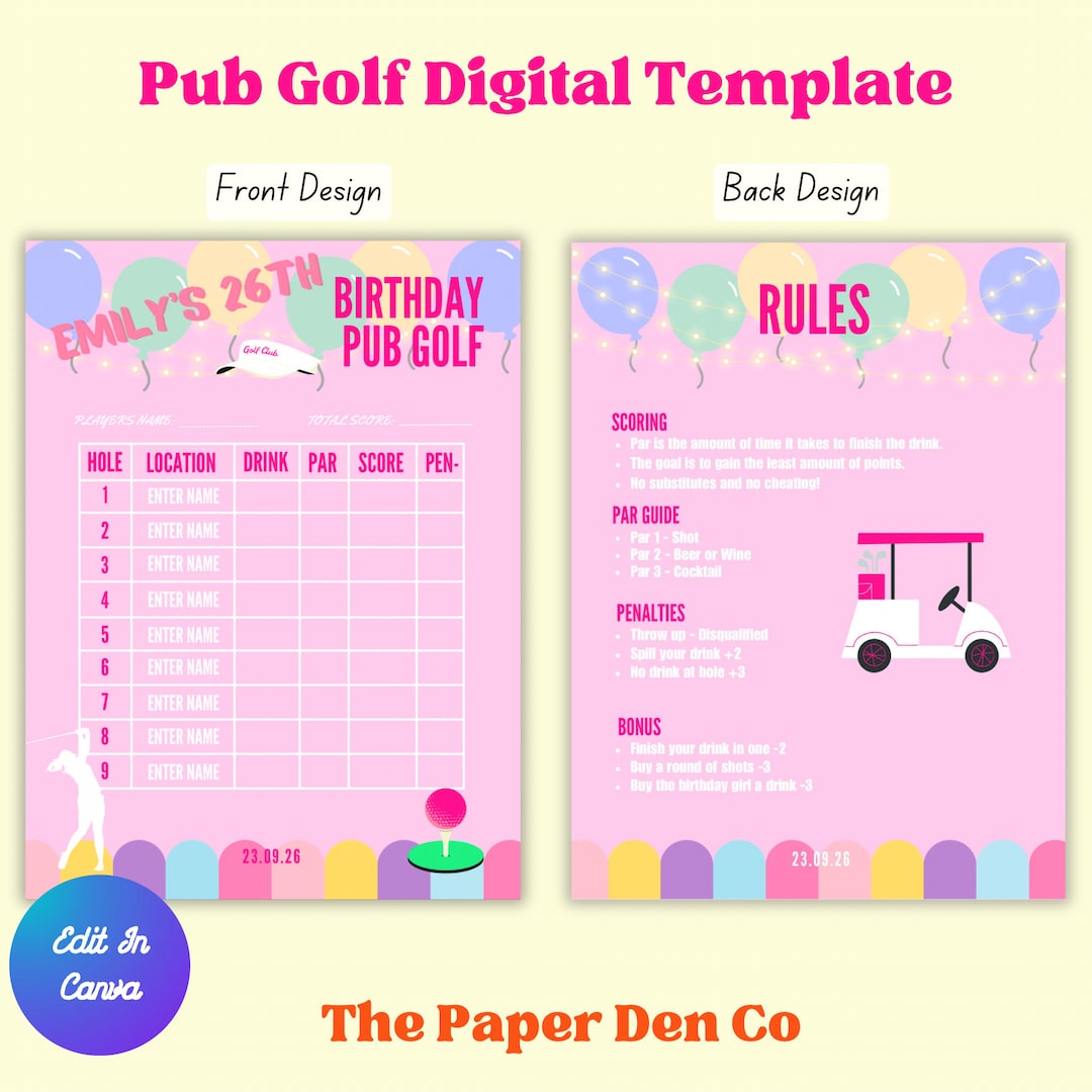 Girls' Pub Golf Scorecard Digital Template Editable Birthday/hen Party ...
