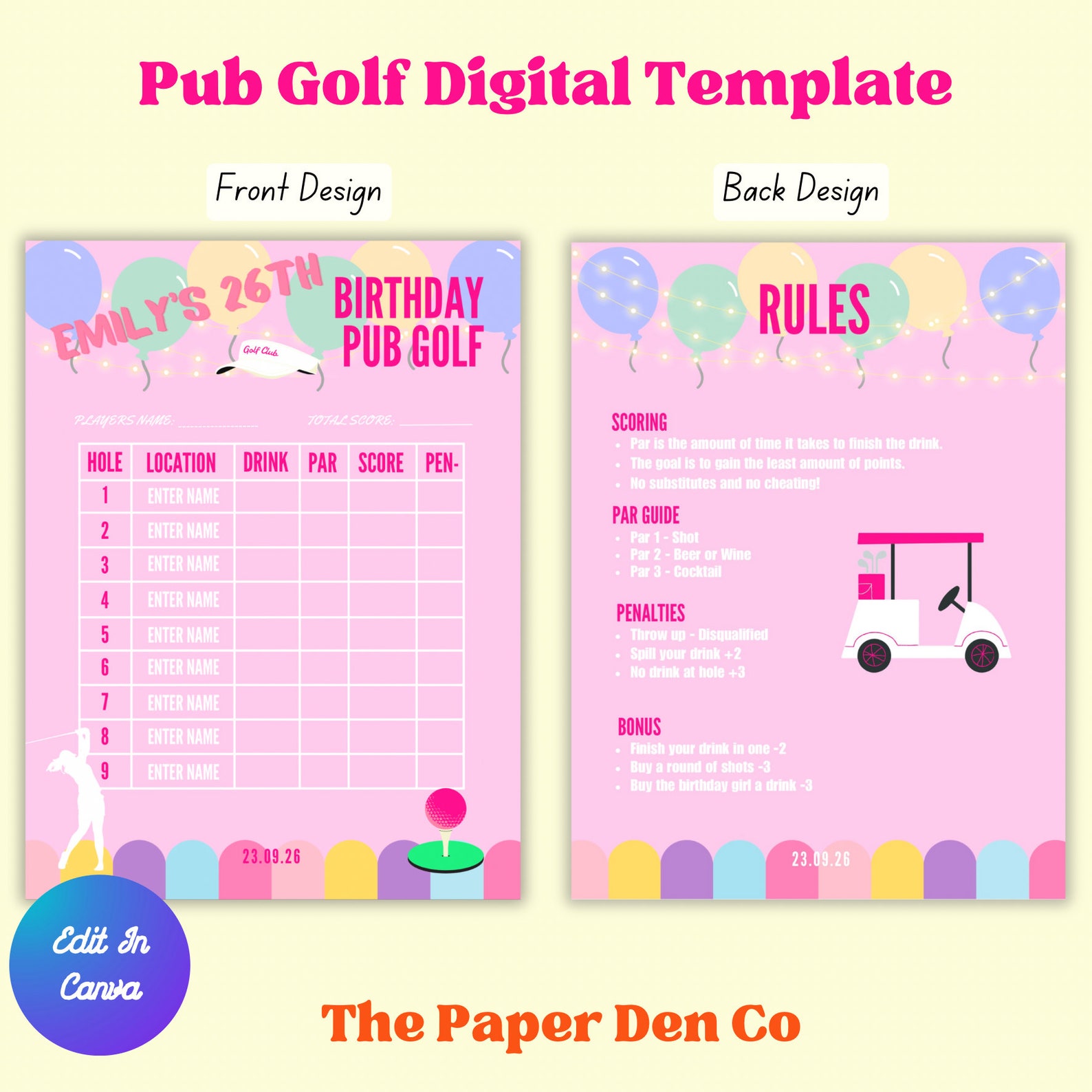 Girls' Pub Golf Scorecard Digital Template Editable Birthday/hen Party ...