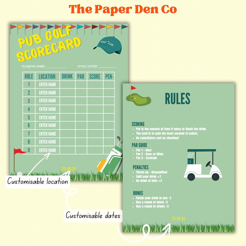 Pub Golf Scorecard Digital Template Editable & Printable Pub Crawl Game ...