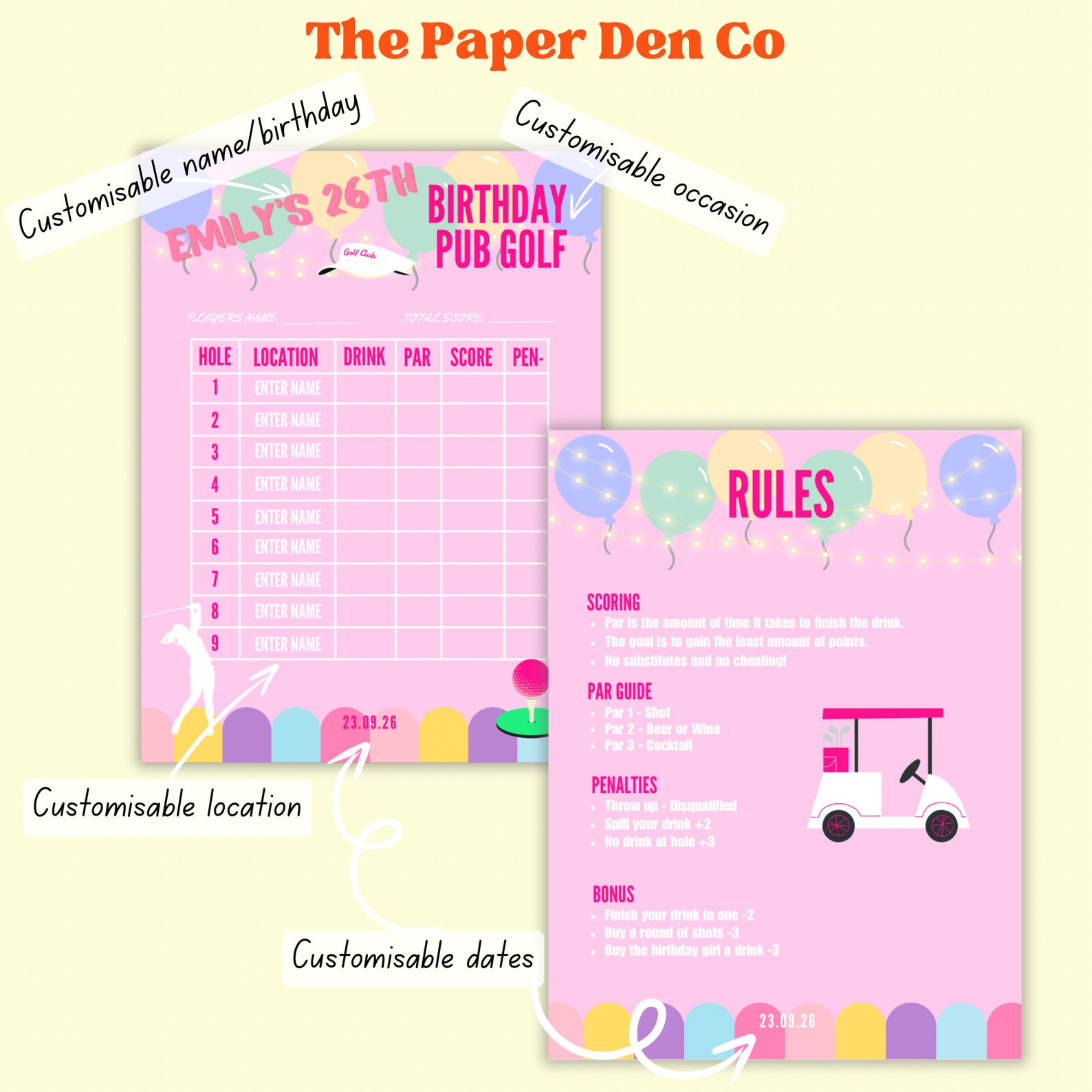 Girls' Pub Golf Scorecard Digital Template Editable Birthday/hen Party ...
