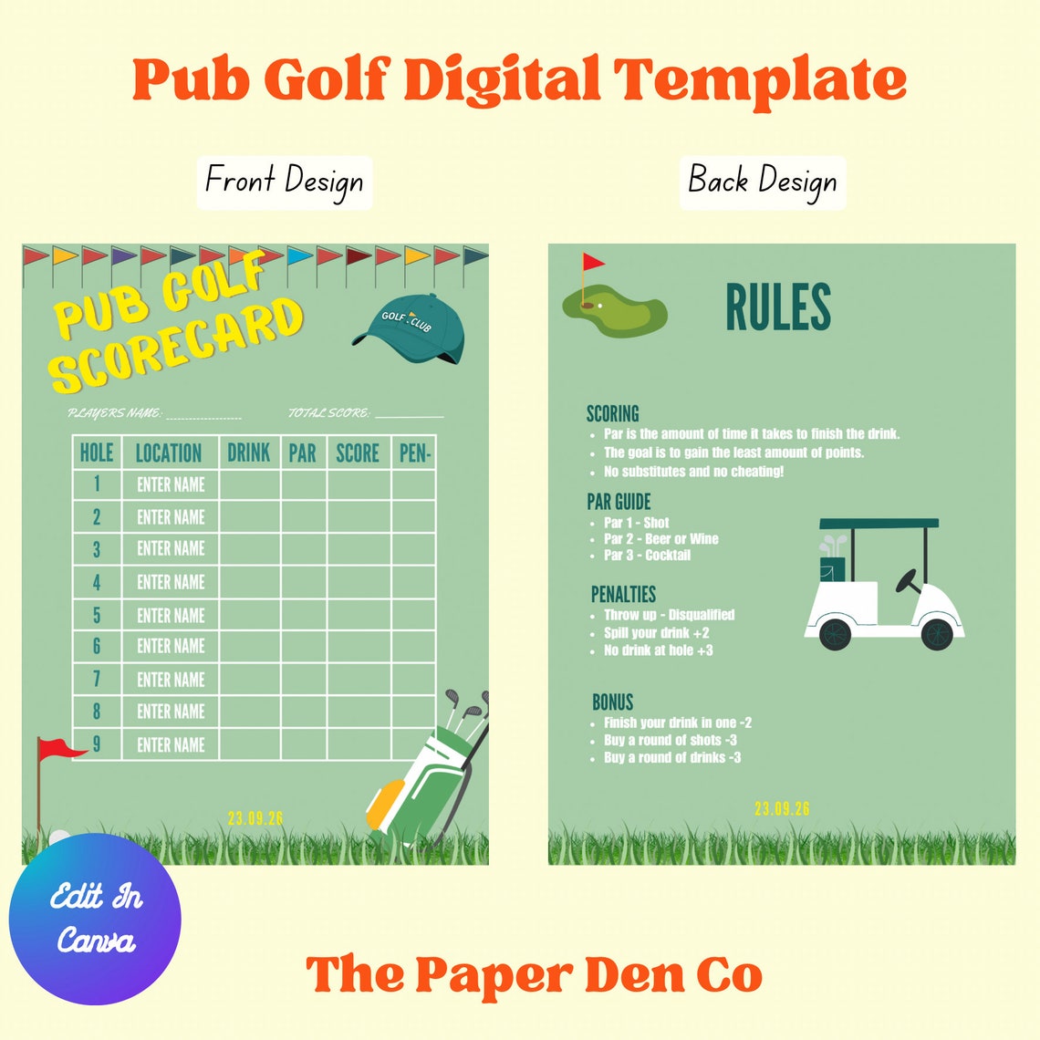 Pub Golf Scorecard Digital Template Editable & Printable Pub Crawl Game ...