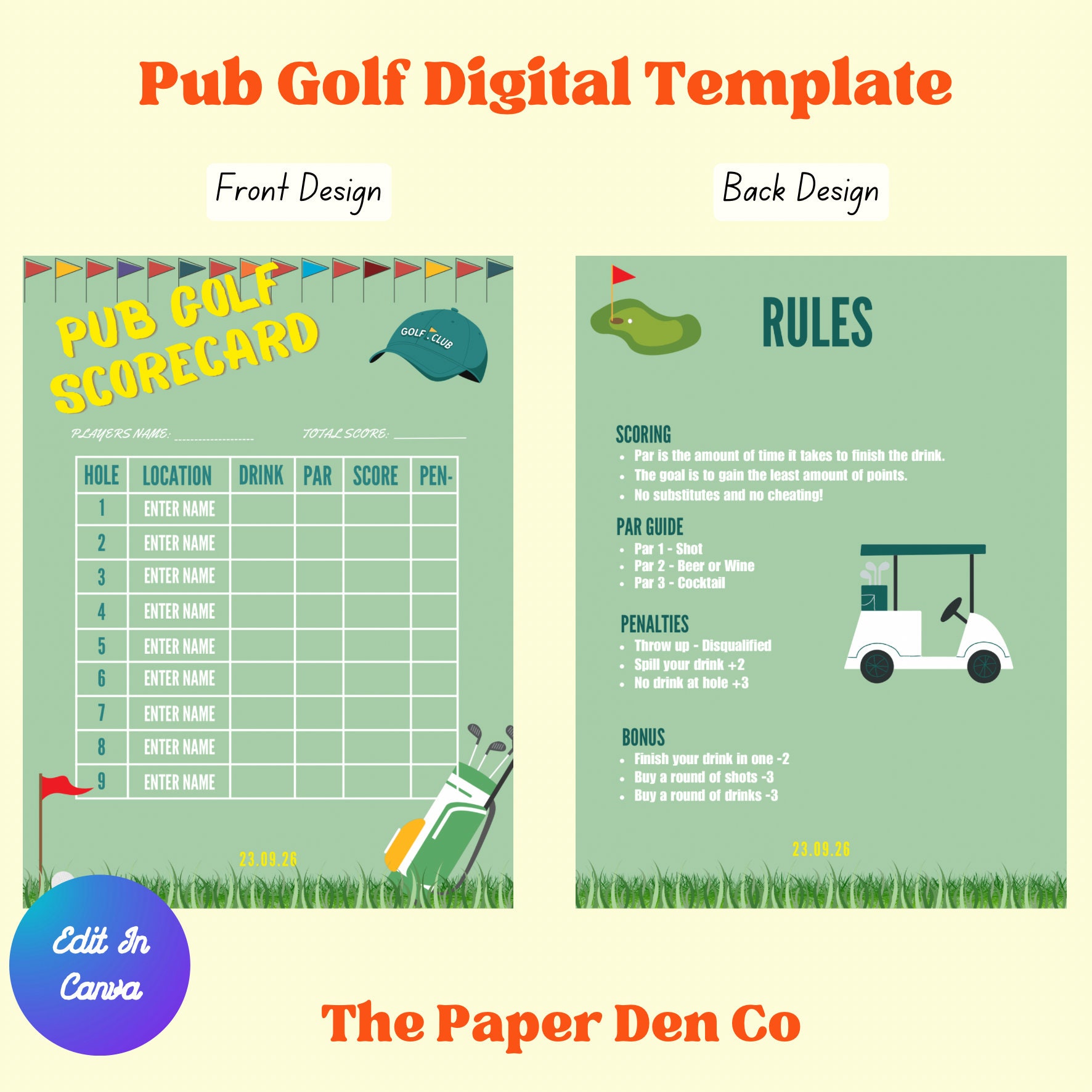 Pub Golf Scorecard Digital Template Editable & Printable Pub Crawl Game ...