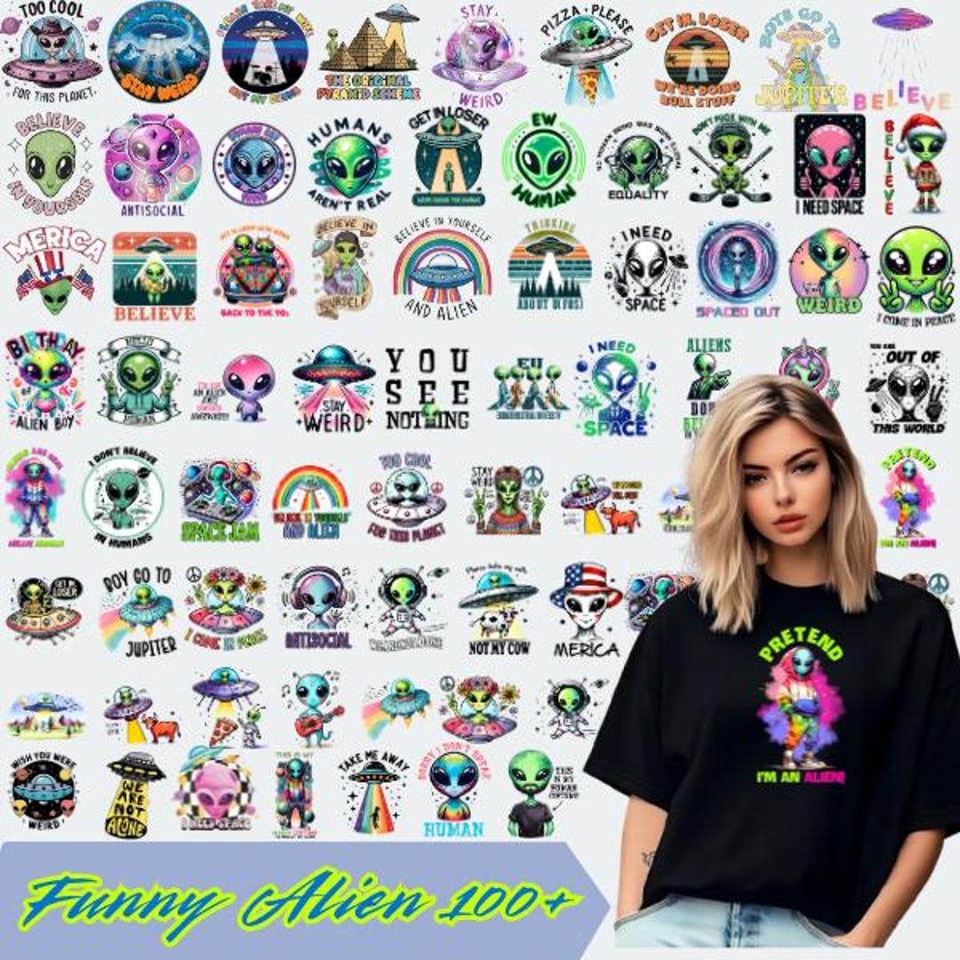 Funny Alien Bundle 100+ Pngs, Funny Designs, Alien Spaceship, Funny Graphics, Alien Space ...