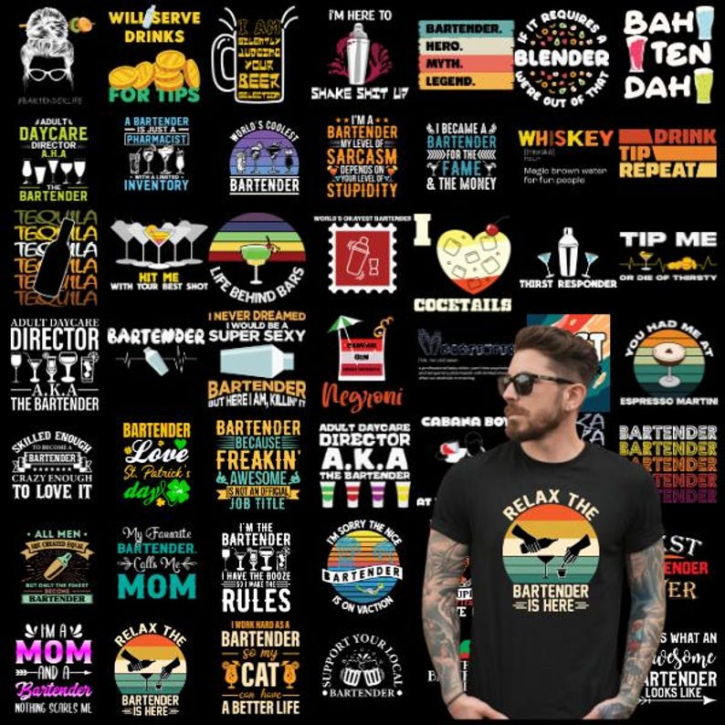 Bartender Designs Bundle 50+ PNG, Barman Designs, Barman Shirt, Bar ...