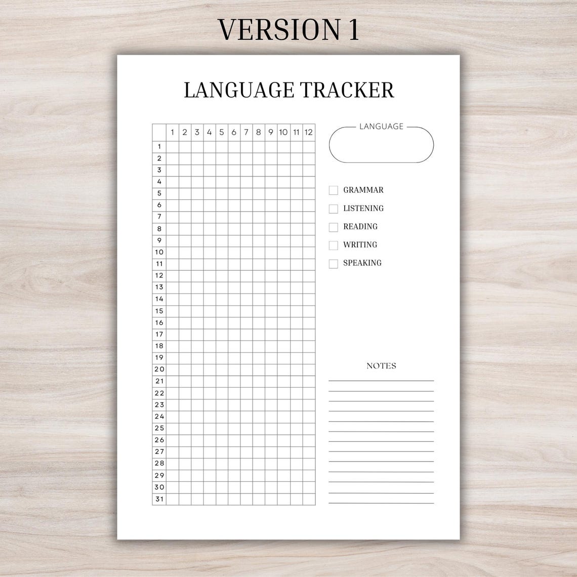 Language Tracker, Annual, Yearly, Printable, Learn New Language, Habit ...