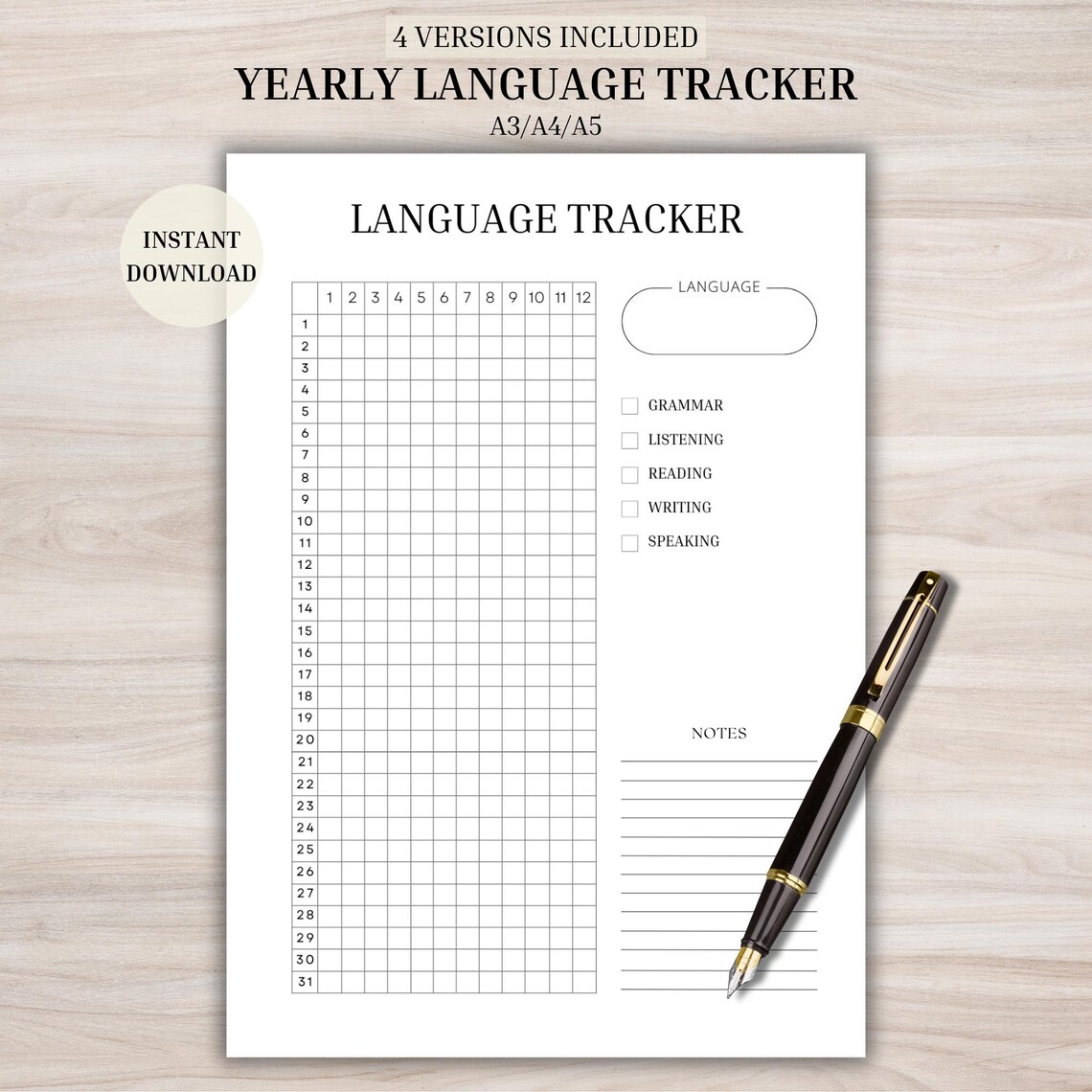Language Tracker, Annual, Yearly, Printable, Learn New Language, Habit ...