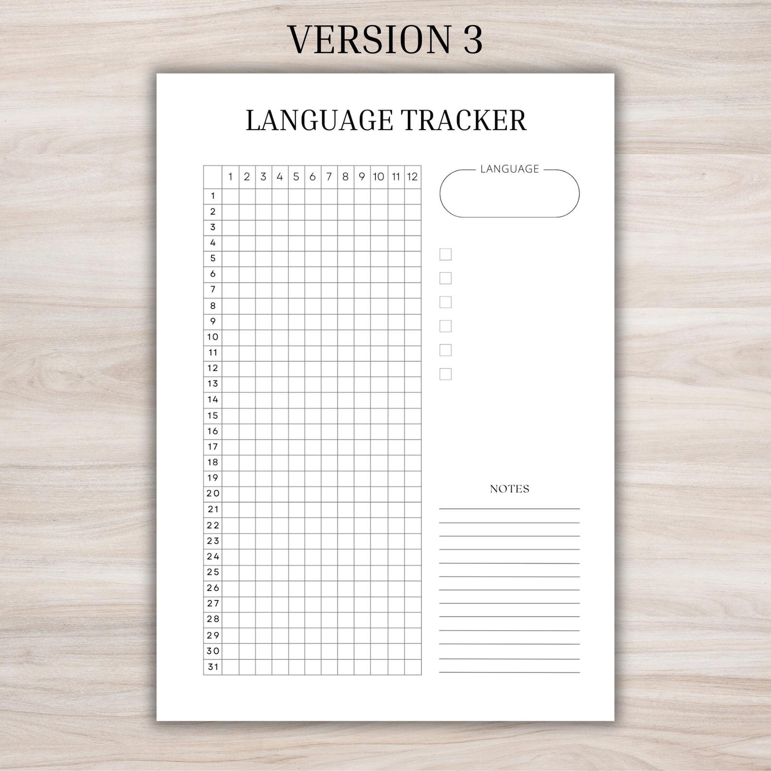 Language Tracker, Annual, Yearly, Printable, Learn New Language, Habit ...
