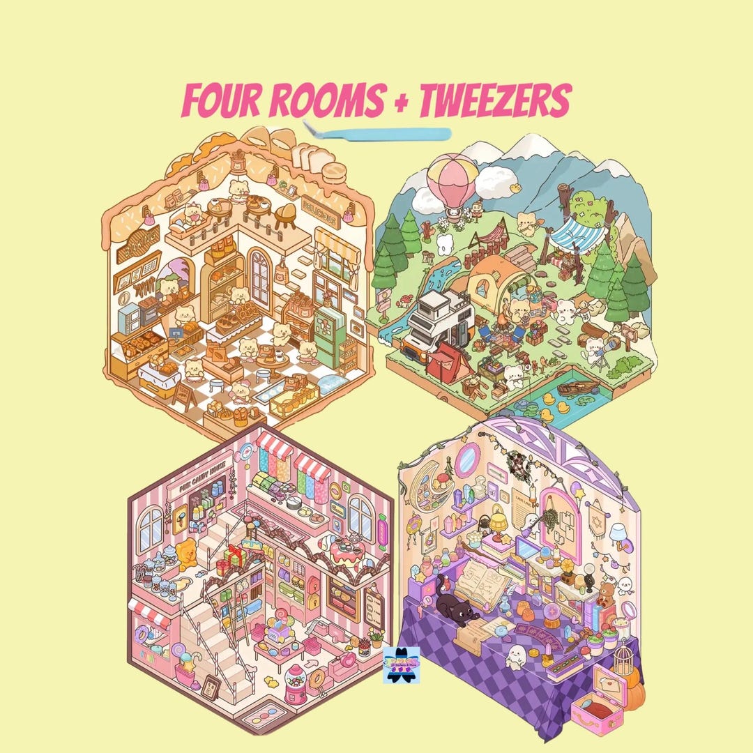 4 (3D) Extra Large- Isometric Kawaii Sticker Scene Rooms. Reusable ...