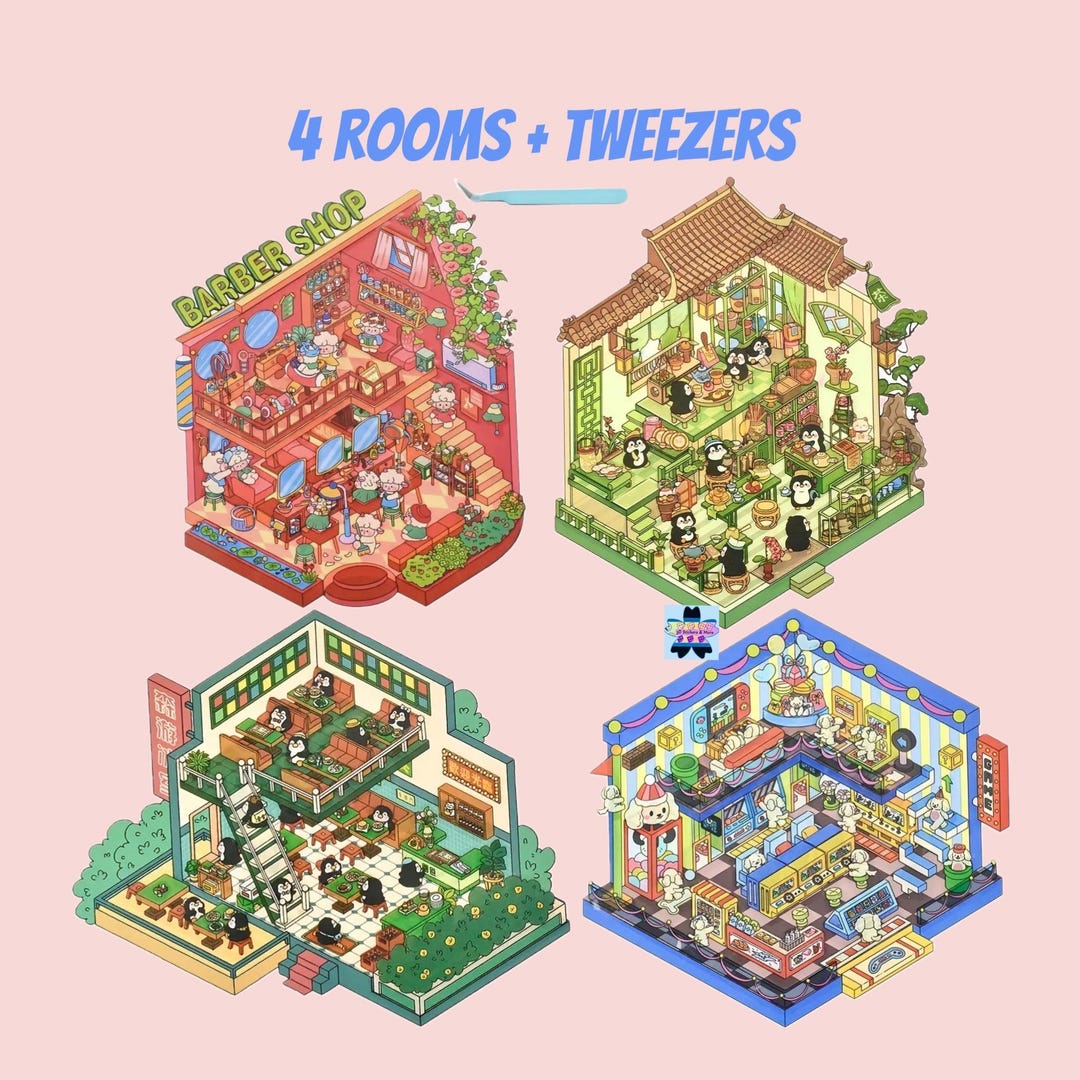 4 (3D) Mini Isometric Kawaii Sticker Landscaping Scene Rooms. Reusable ...
