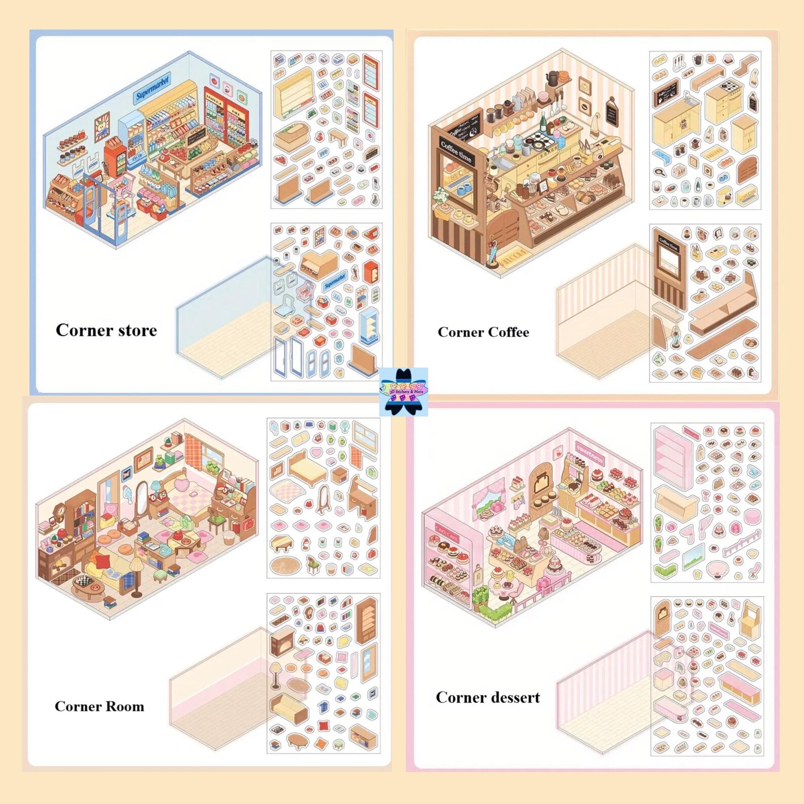 4 (3D) Isometric Kawaii Sticker Landscaping Scene Rooms. Reusable ...