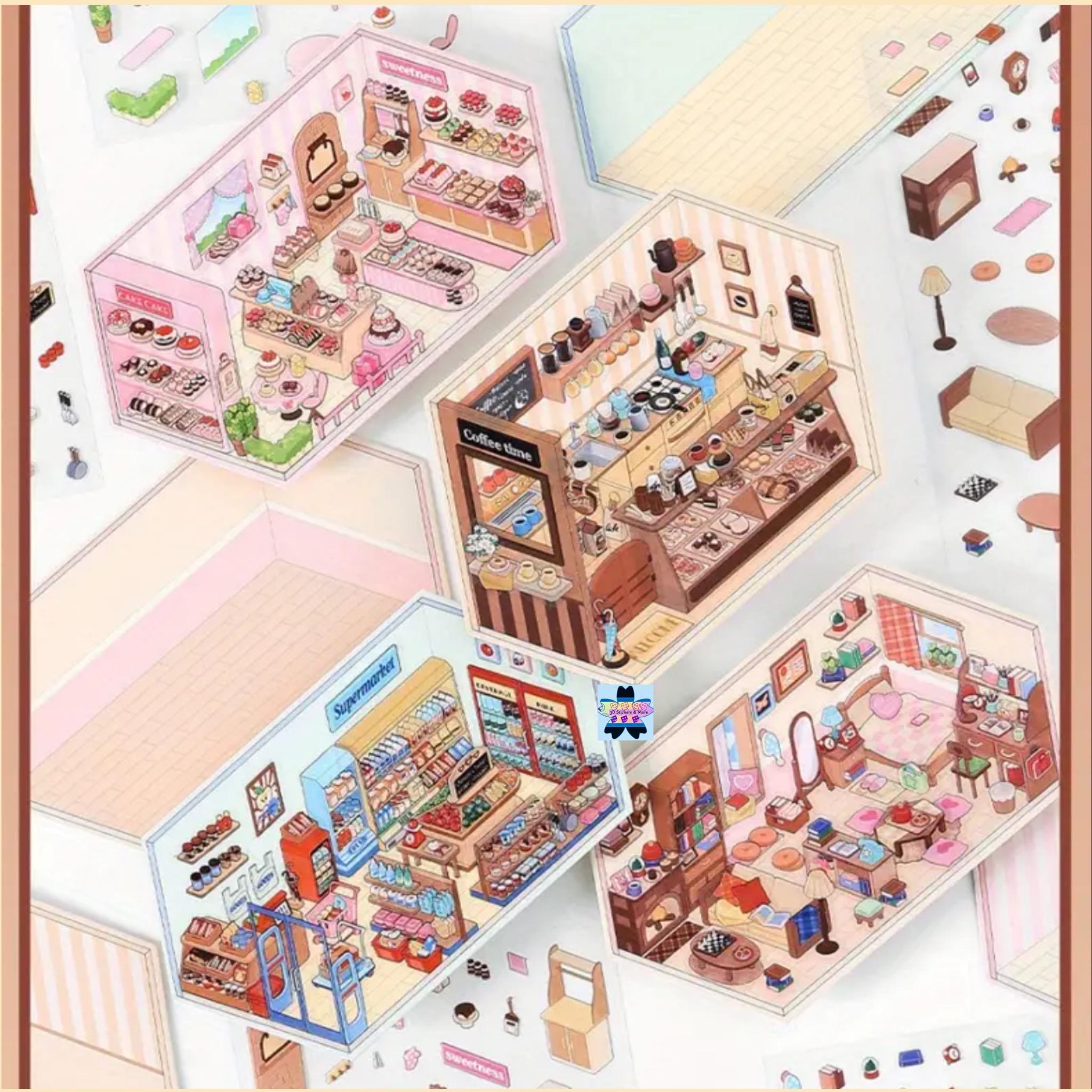 4 (3D) Isometric Kawaii Sticker Landscaping Scene Rooms. Reusable ...