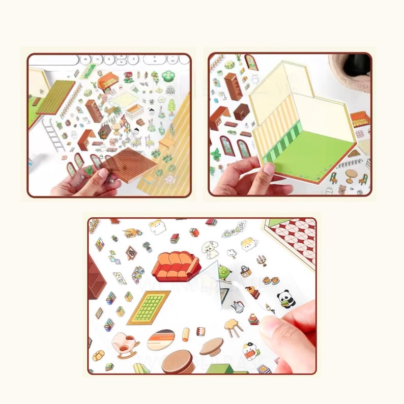 4 (3D) DIY 8.1 X 4.7 Isometric Kawaii Sticker Scene Rooms: (4 ...