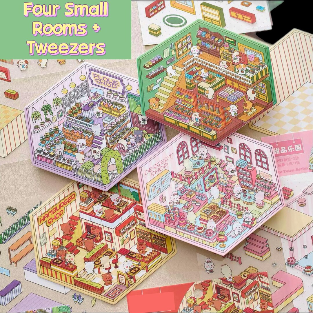 4 (3D) Isometric Kawaii Sticker Landscaping Scene Rooms. Reusable ...