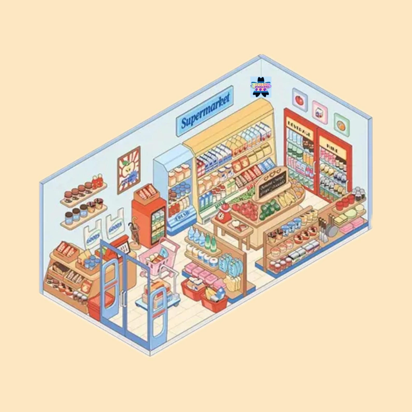 4 (3D) Isometric Kawaii Sticker Landscaping Scene Rooms. Reusable ...