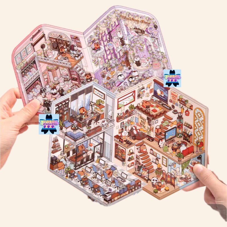 Kawaii Sticker Scene Rooms: 3D Isometric Wedding & Work - Reusable PET ...