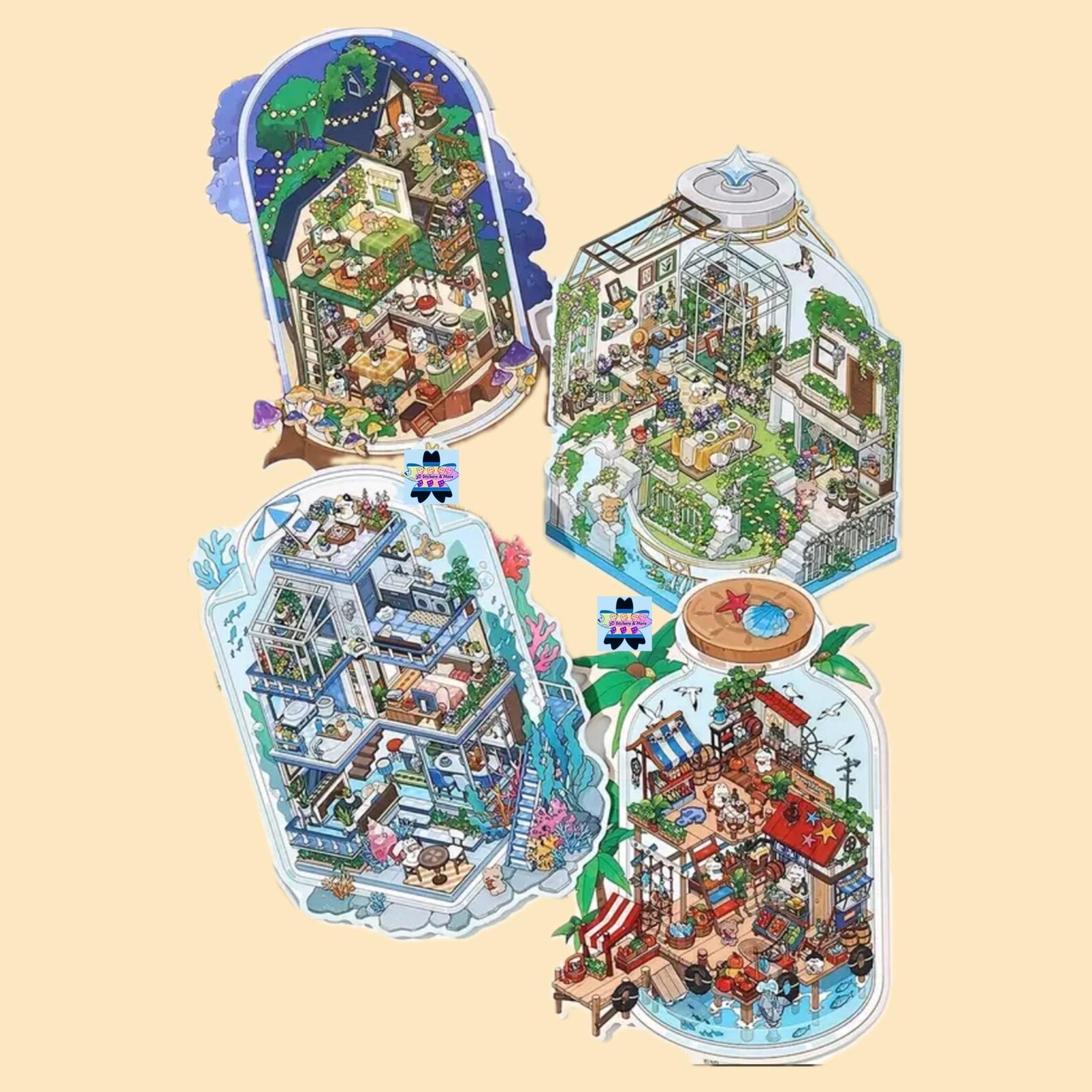 4 (3D) Isometric Kawaii Sticker Landscaping Scene Rooms. Reusable ...