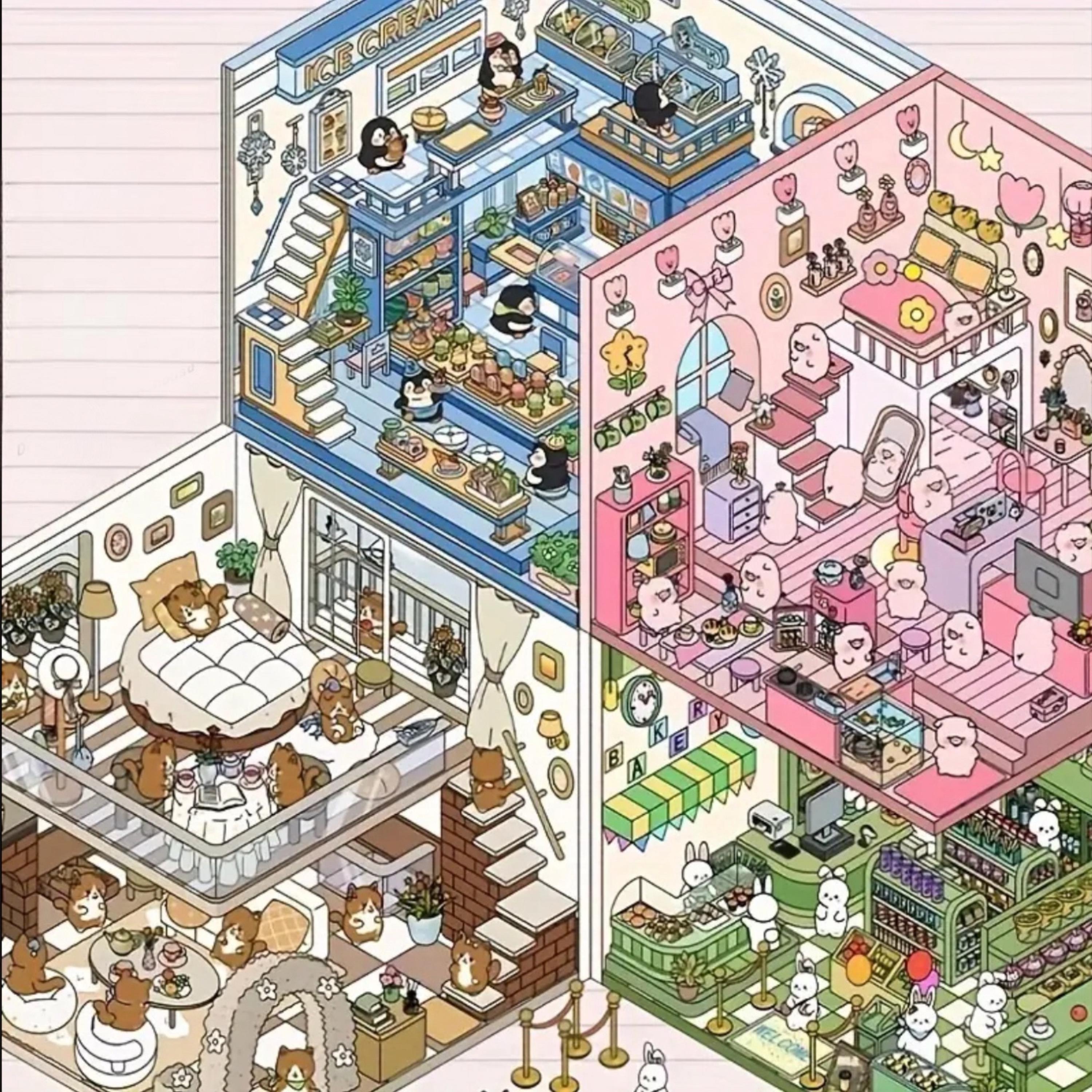 4 (3D) 7.5 X 4.7 Isometric Kawaii Scene Rooms. (4) Bunny Shop, Hut ...