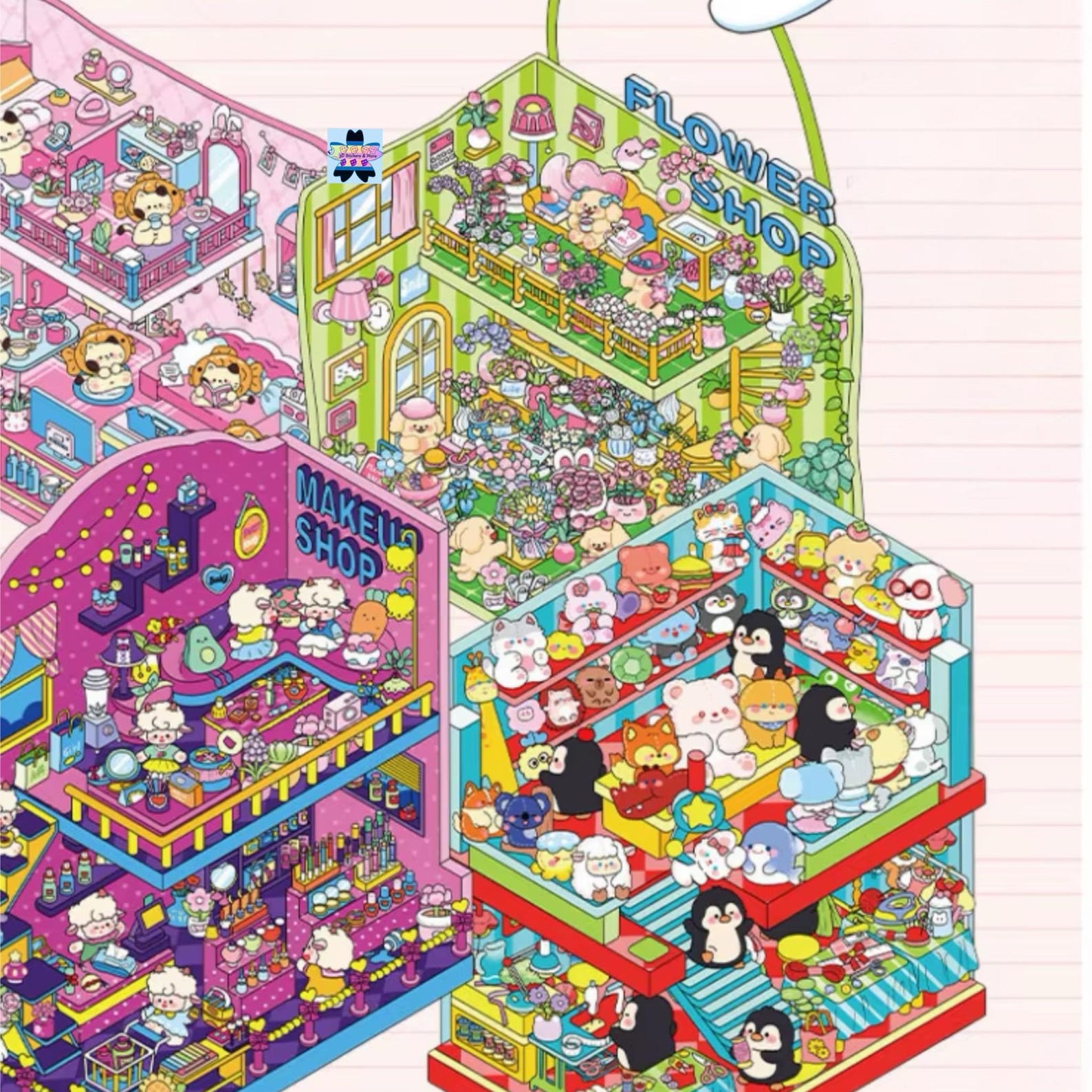 4 (3D) Isometric Kawaii Sticker Scene Rooms. Reusable Stacking ...