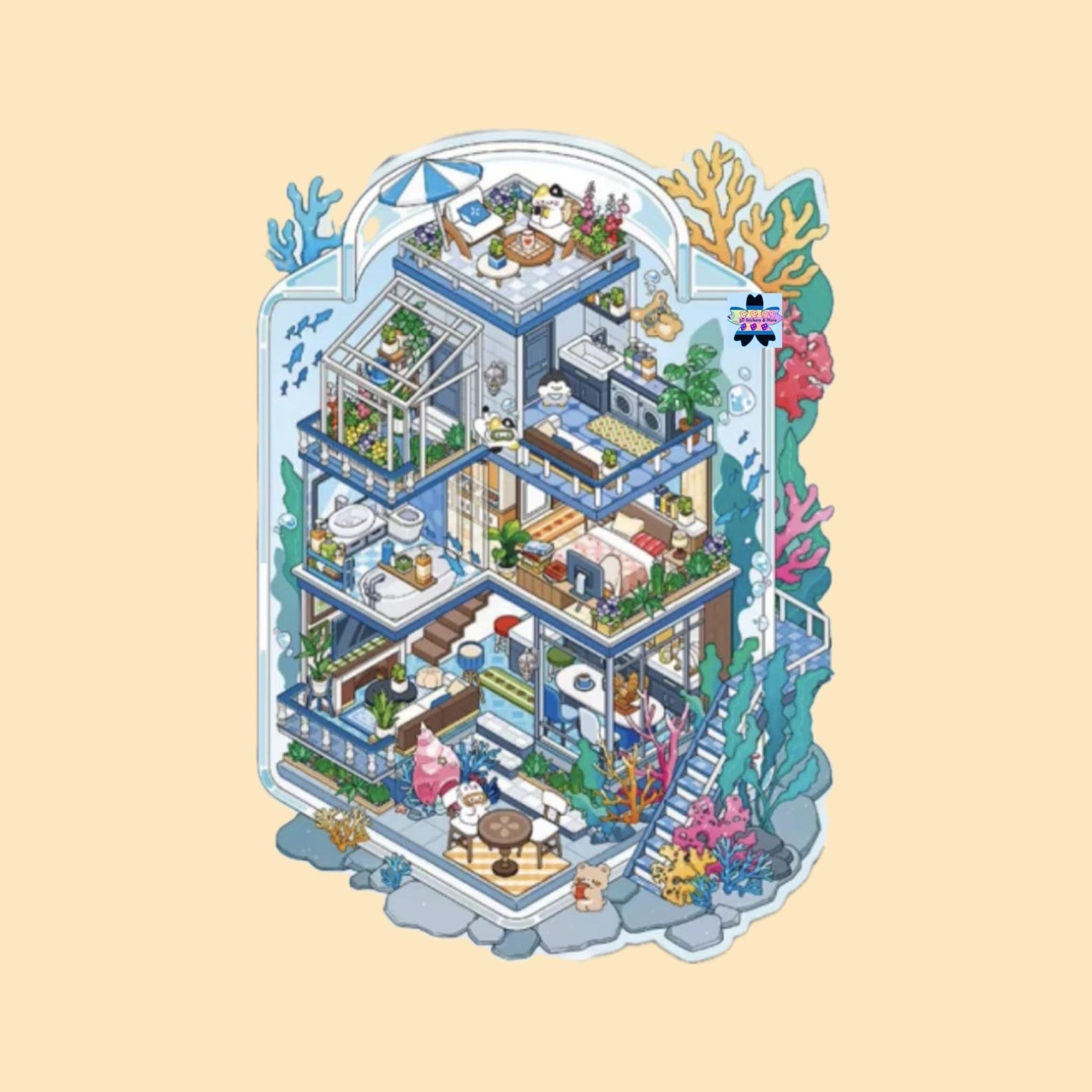 4 (3D) Isometric Kawaii Sticker Landscaping Scene Rooms. Reusable ...