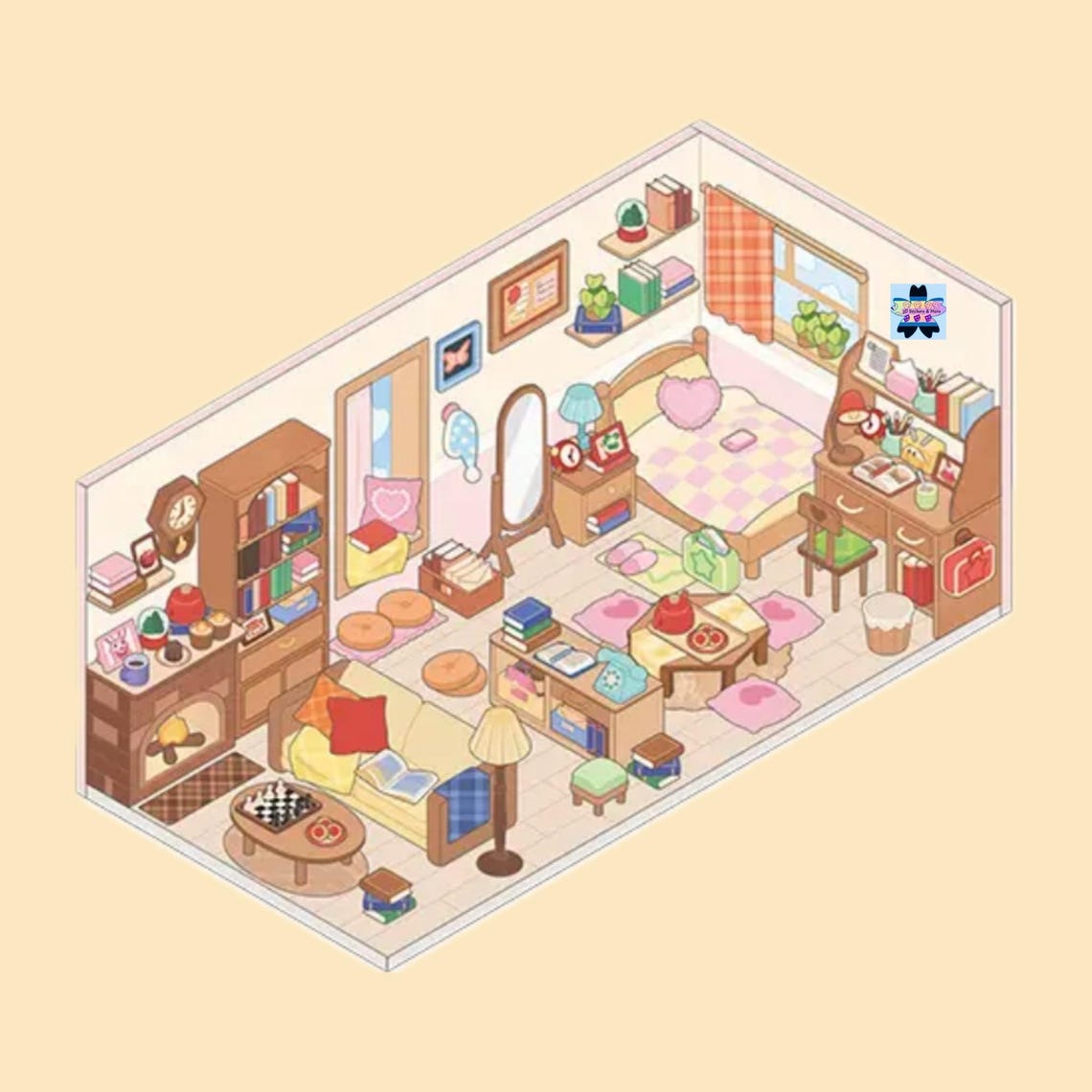 4 (3D) Isometric Kawaii Sticker Landscaping Scene Rooms. Reusable ...