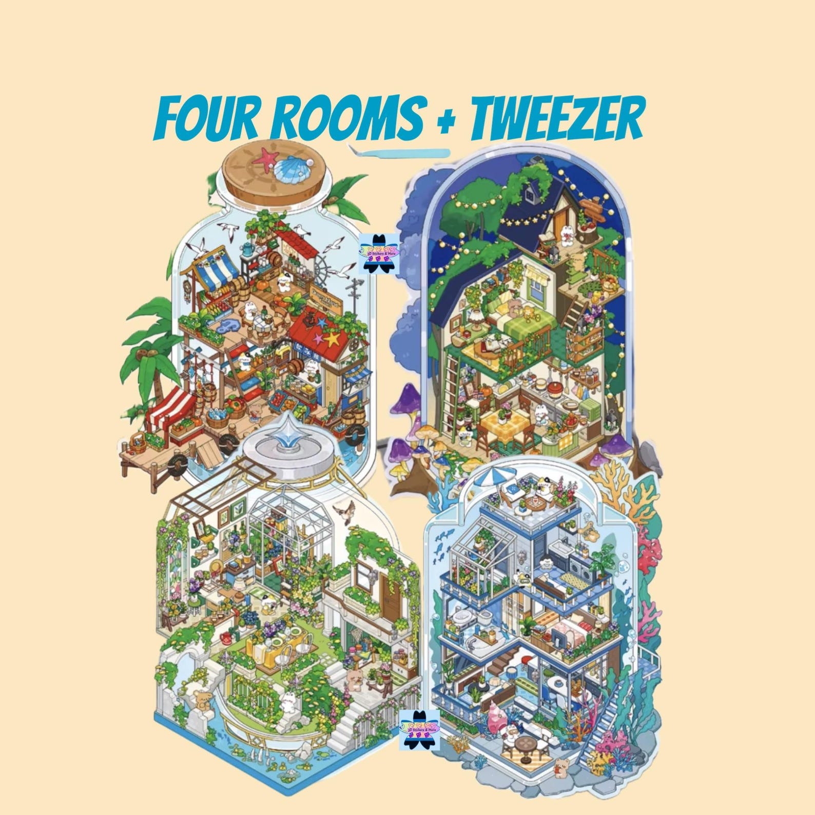4 (3D) Isometric Kawaii Sticker Landscaping Scene Rooms. Reusable ...