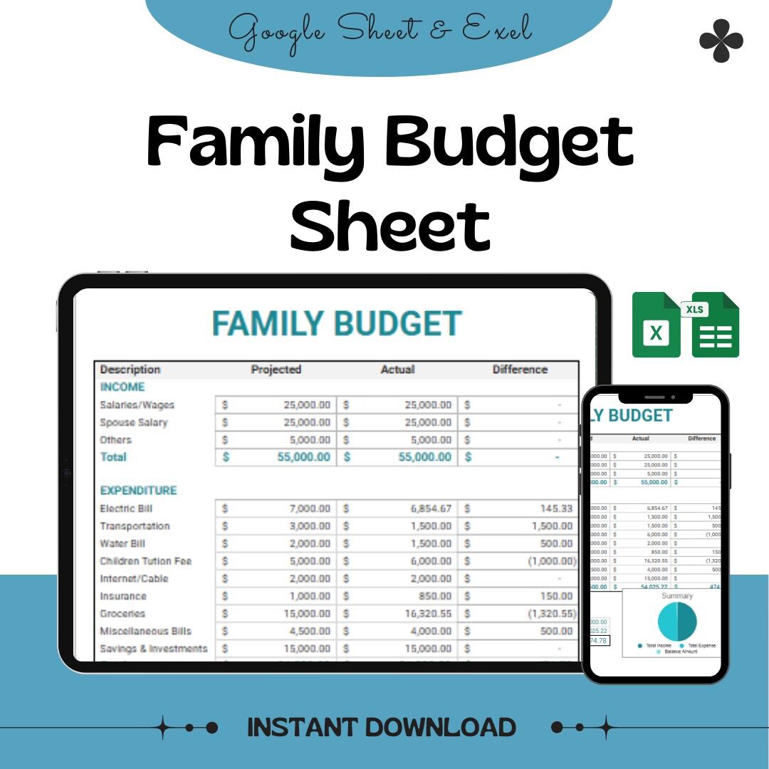 Family Budget Sheet | Excel Template | Monthly Expense Tracker ...