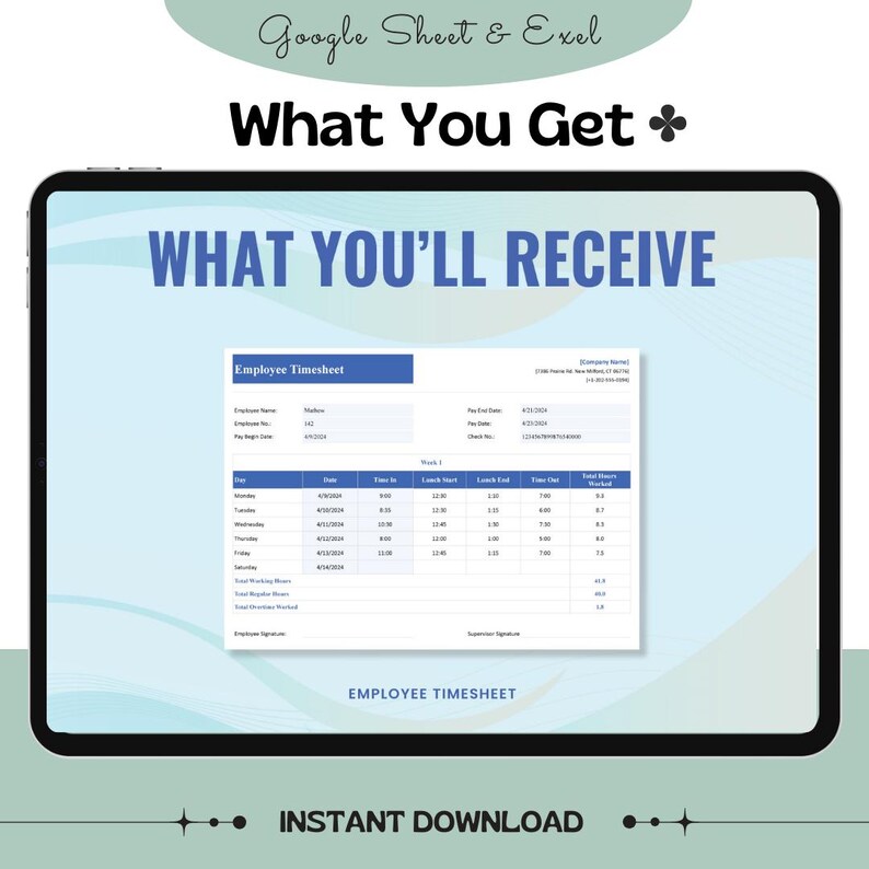 Employee Timesheet Template | Excel and Google Sheets | Work Hours ...