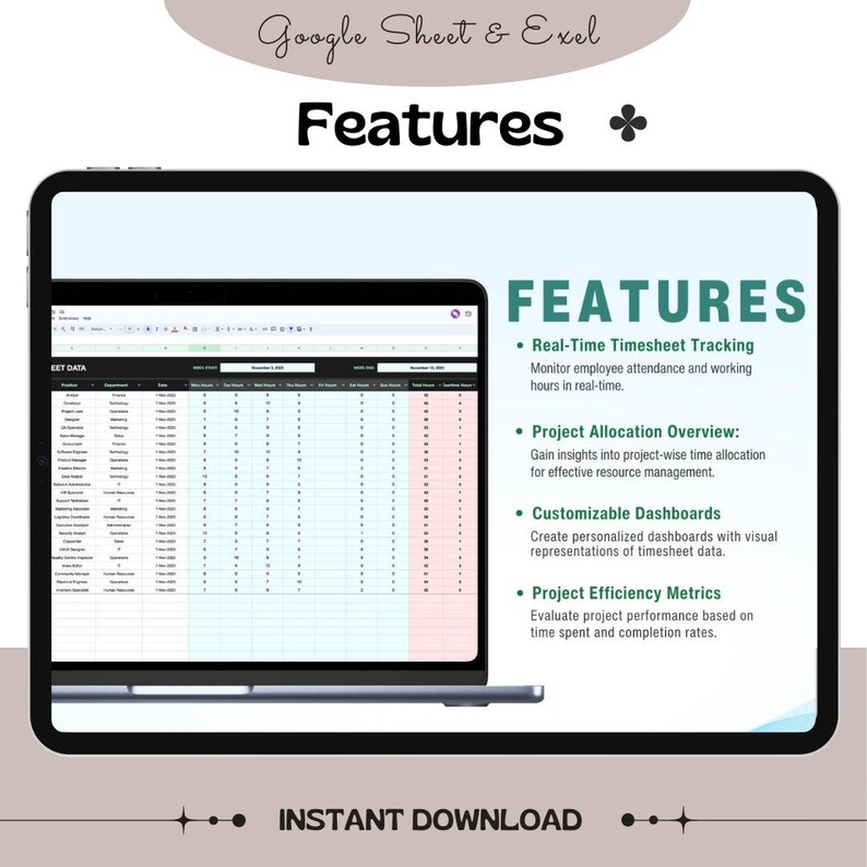 Timesheet Dashboard Template | Employee Time Tracking Spreadsheet | HR ...