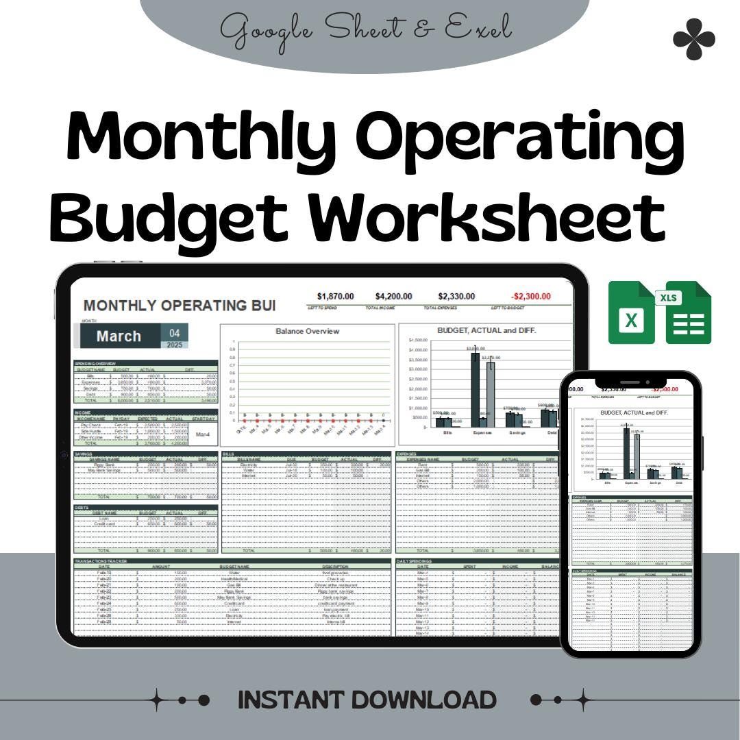 Monthly Operating Budget Worksheet | Business Expense Tracker | Budget ...