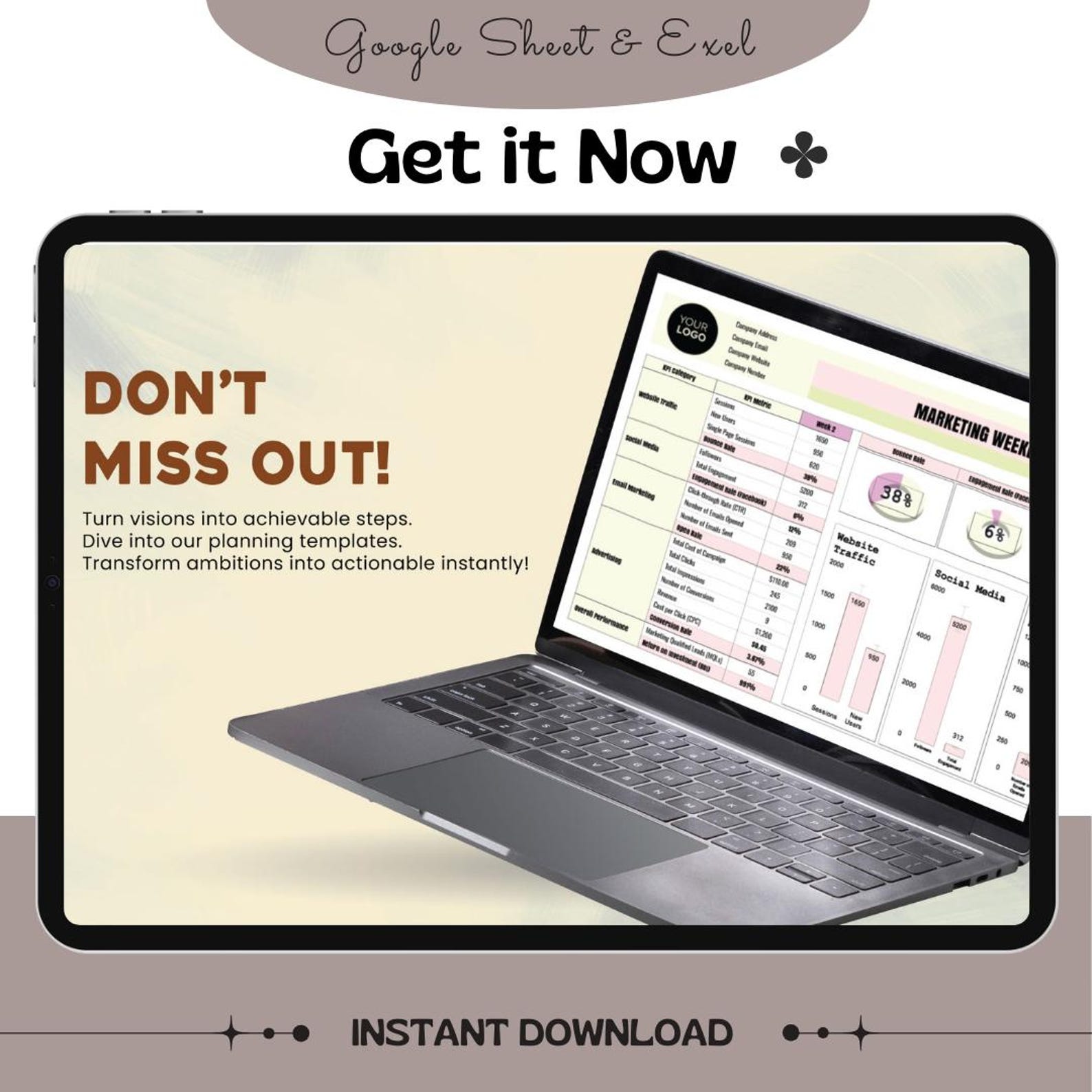 Marketing Weekly KPI Dashboard | Digital Marketing Planner ...