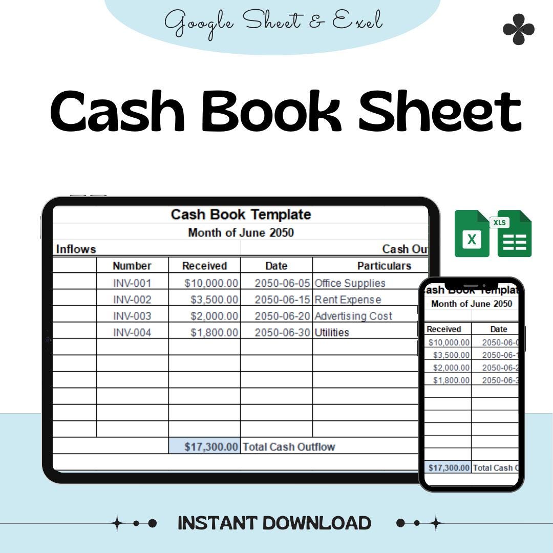 Cash Book Sheet Editable Google Sheets and Excel Template Instant ...