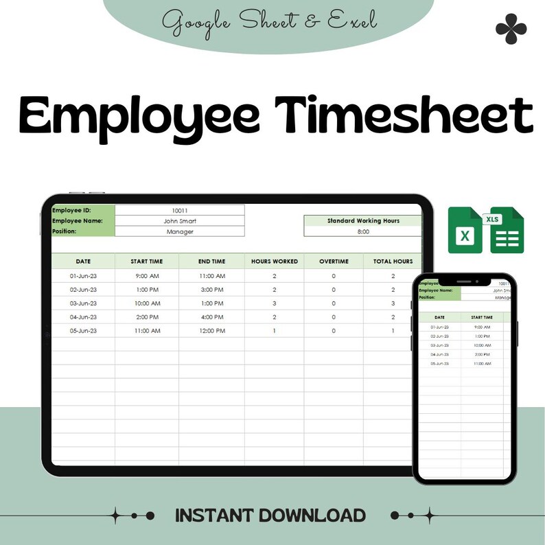 Employee Timesheet Template | Excel and Google Sheets | Work Hours ...