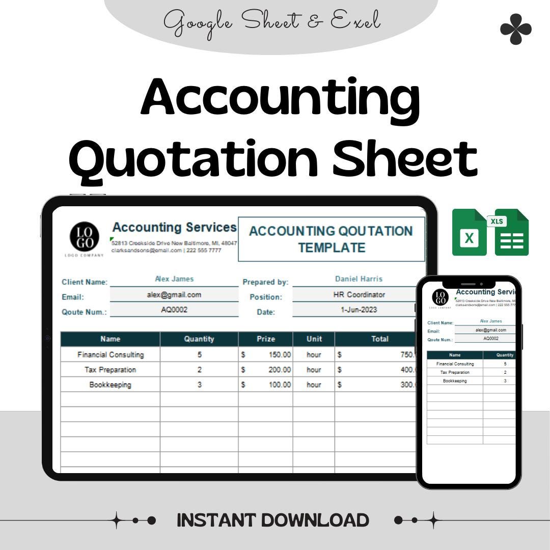 Accounting Quotation Sheet | Excel and Google Sheets Template | Instant ...
