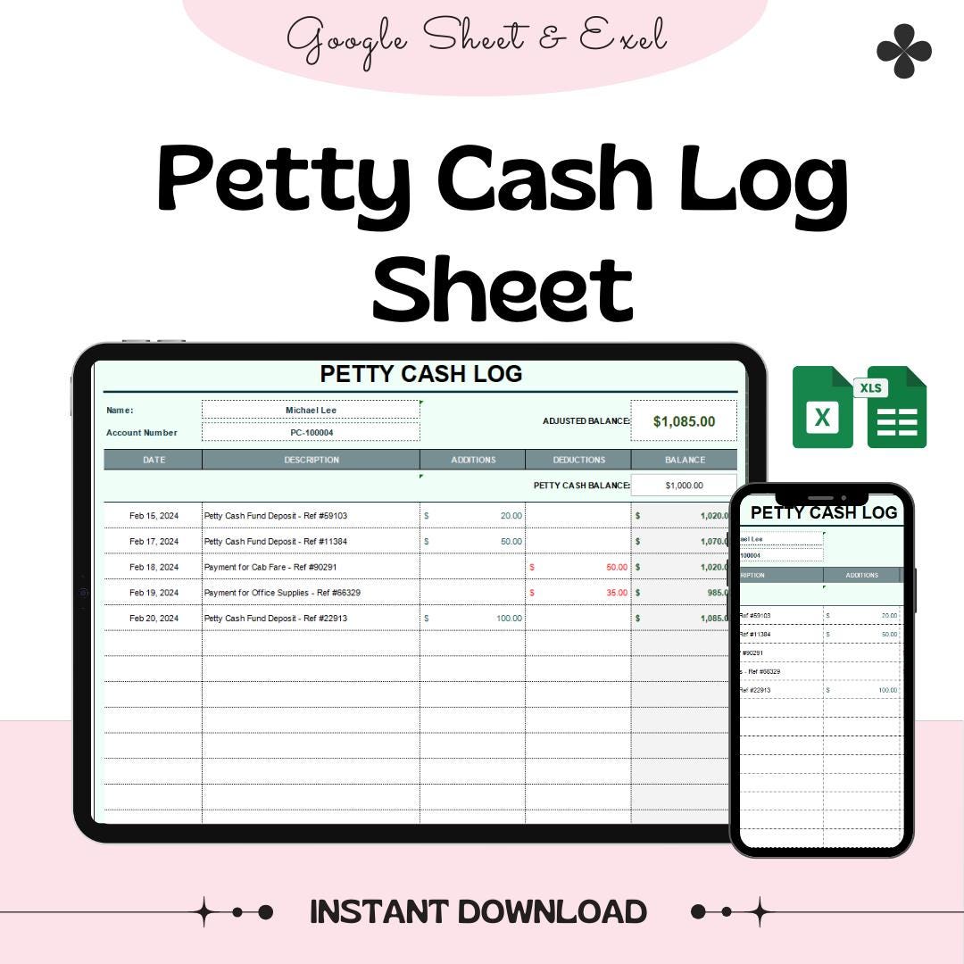Petty Cash Log Sheet | Expense Tracker | Business Finance Spreadsheet ...