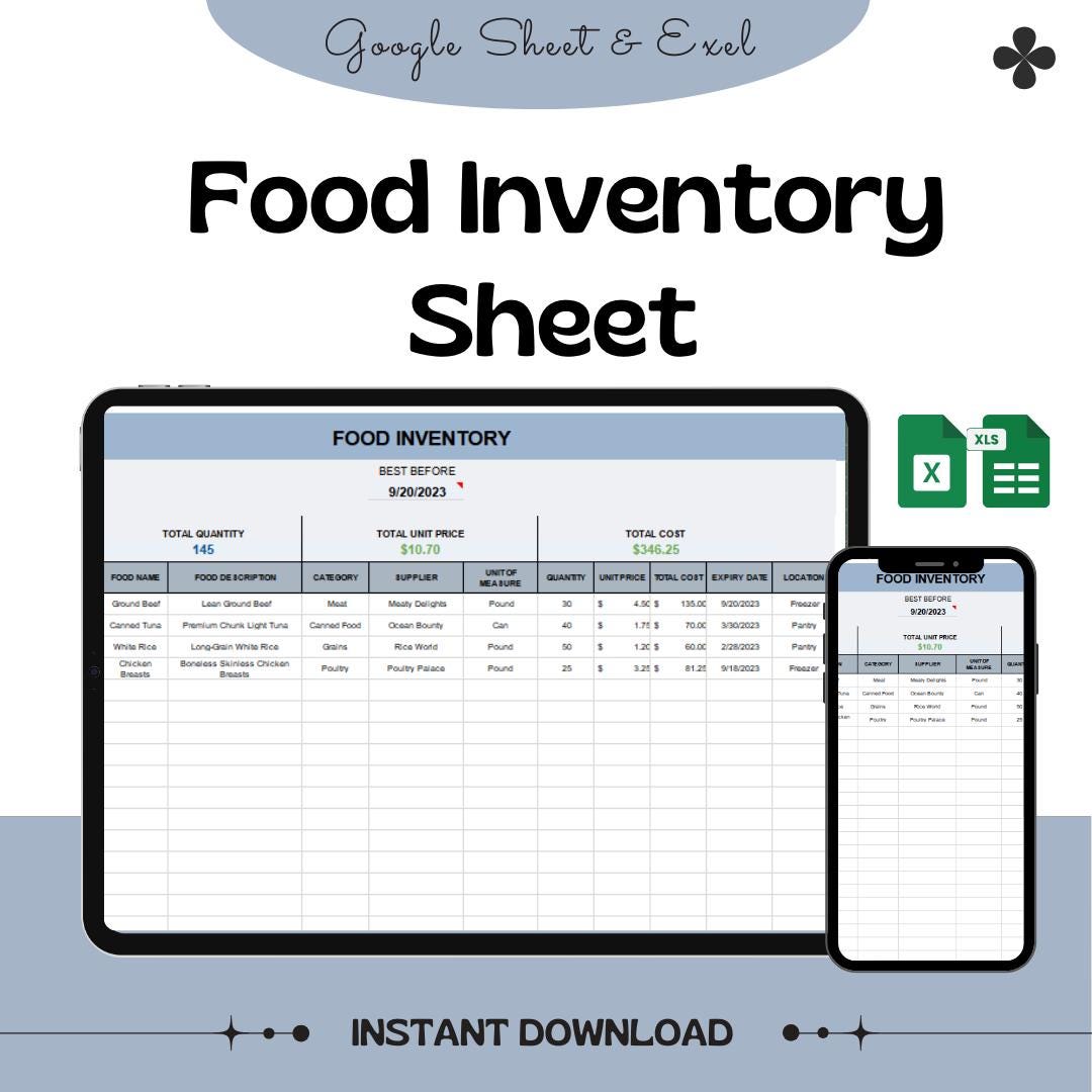 Food Inventory Sheet | Kitchen & Pantry Stock Tracker | Automated Food ...