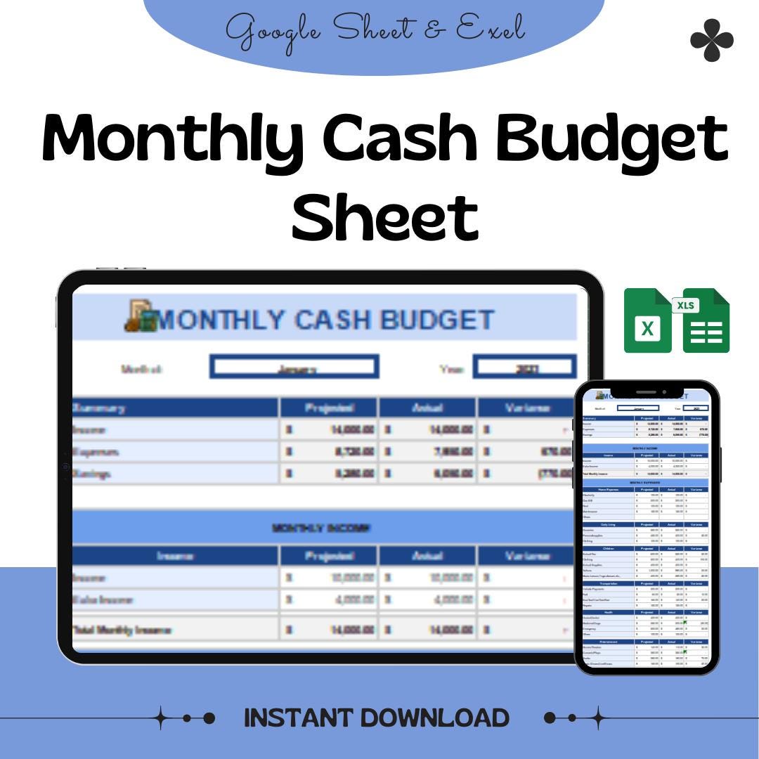 Monthly Cash Budget Sheet | Google Sheets and Excel Template | Personal ...