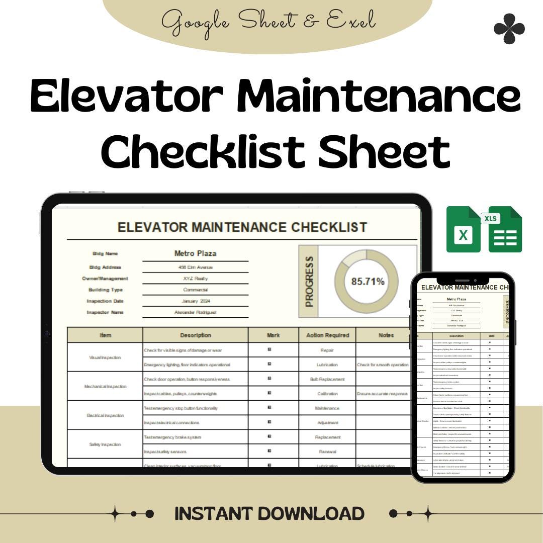 Elevator Maintenance Checklist Sheet | Excel & Google Sheets Template ...
