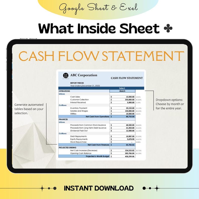 Cash Flow Statement Template - Excel & Google Sheets - Financial ...