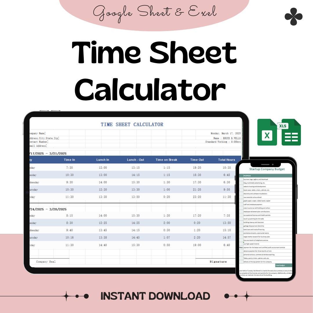 Time Sheet Calculator | Employee Work Hours Tracker | Payroll Timesheet ...