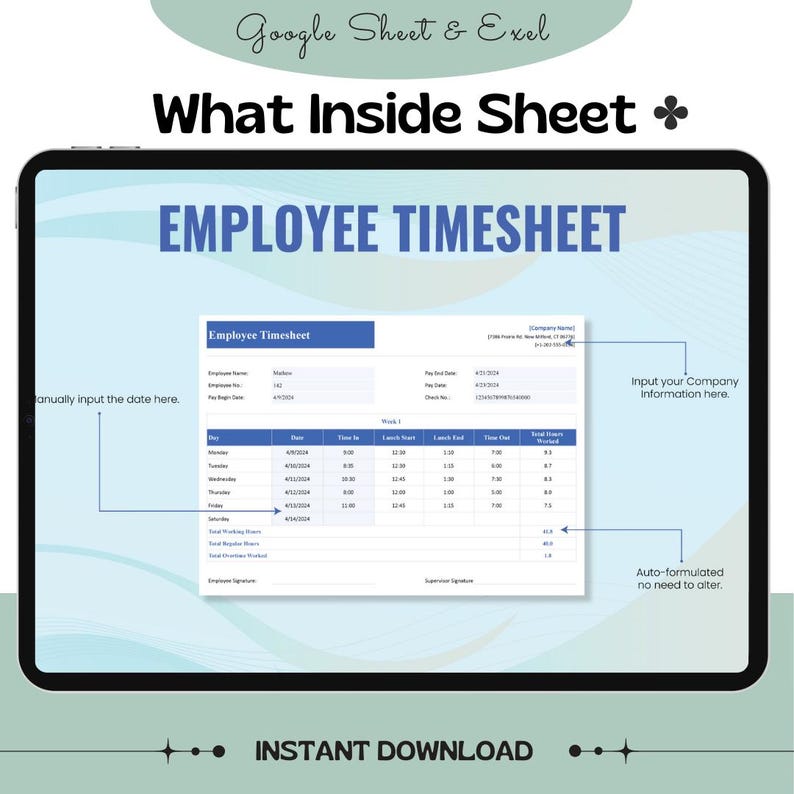 Employee Timesheet Template | Excel and Google Sheets | Work Hours ...