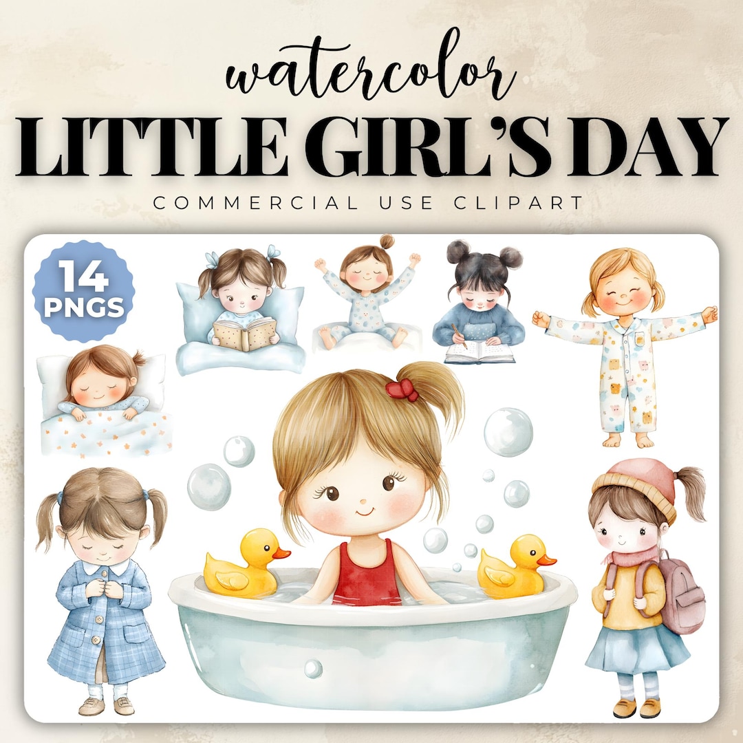 Kids Daily Routine Watercolor Clipart, Girl Morning to Bedtime PNG ...