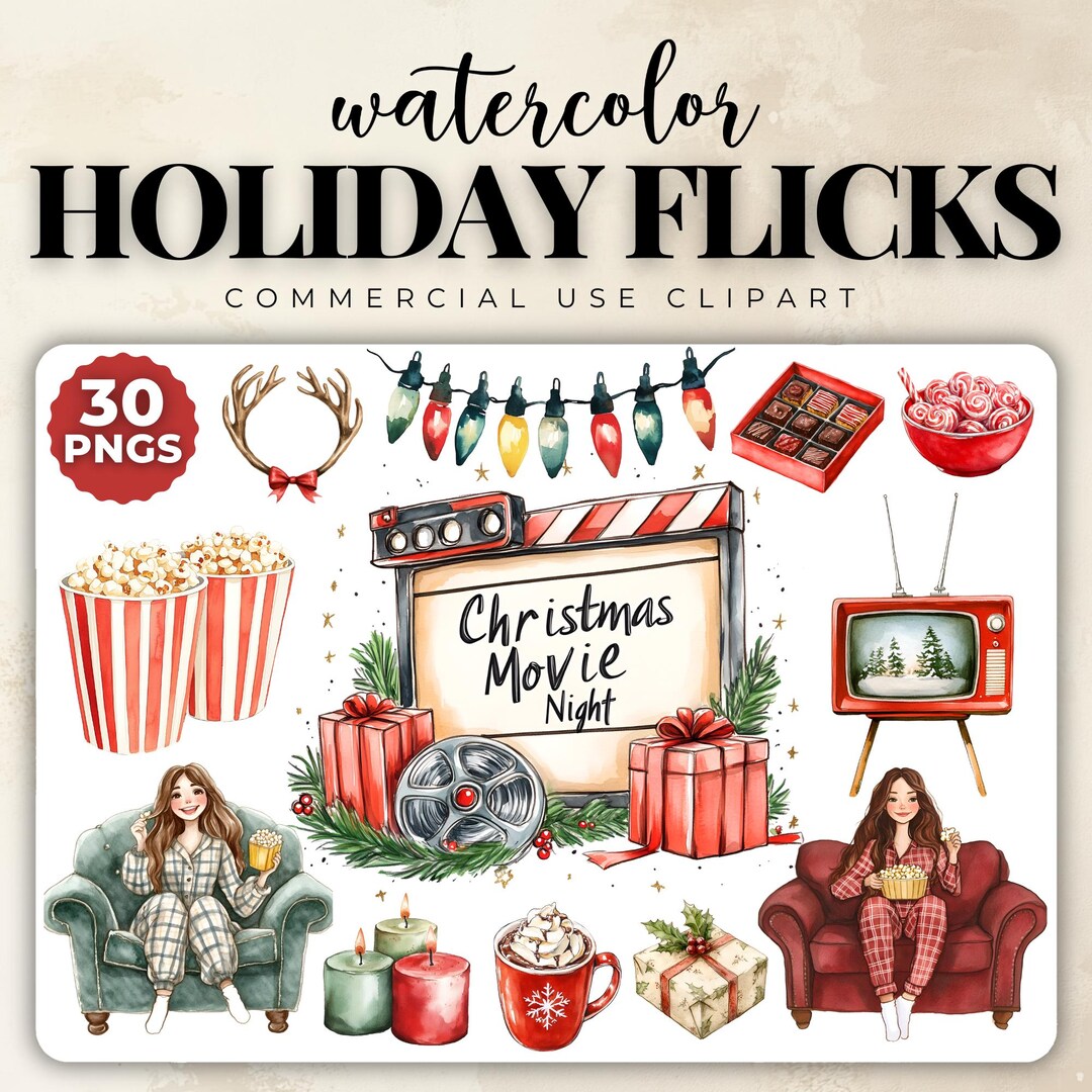 Christmas Movie Night Clipart: Cozy Holiday PNG Pack - Etsy