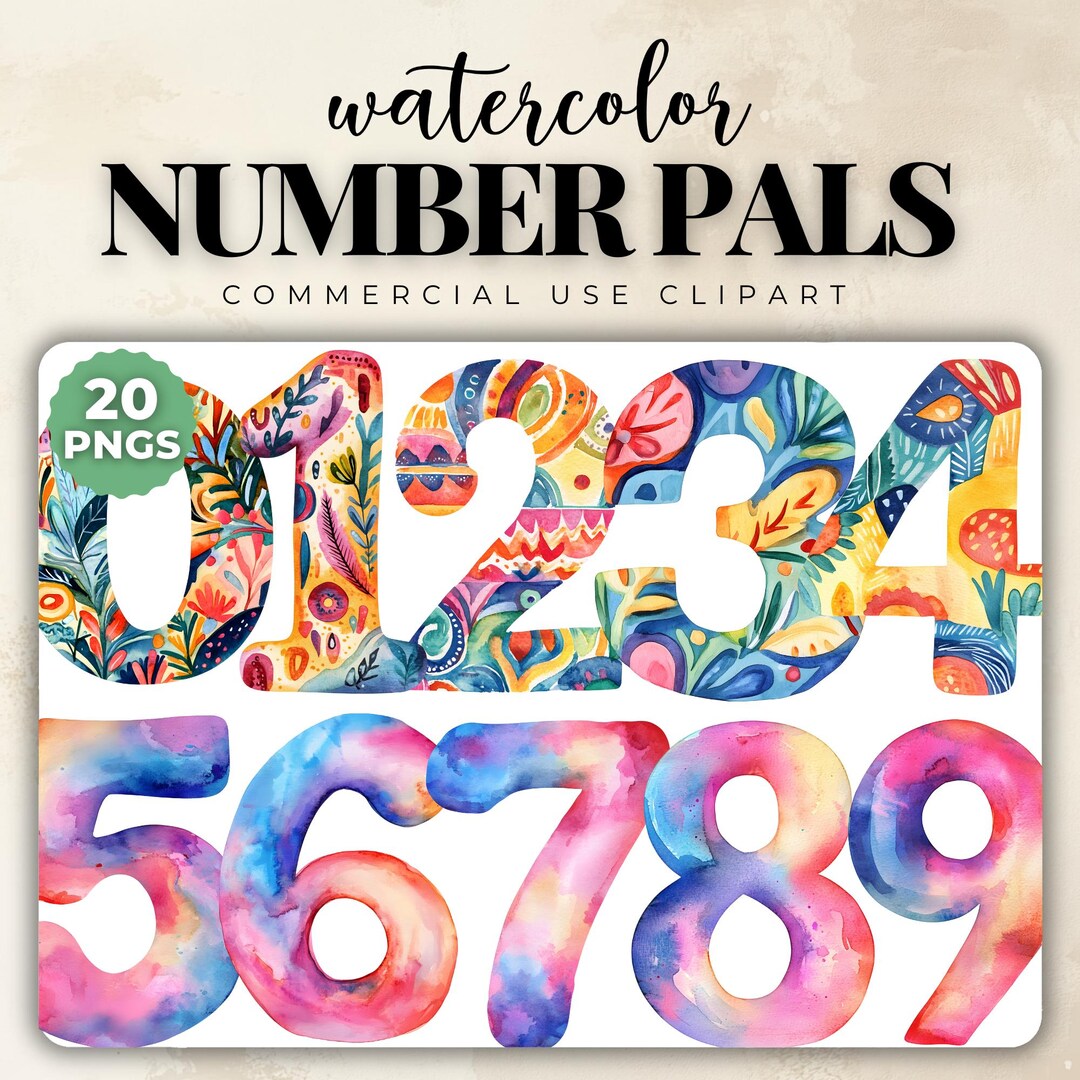Pastel Watercolor Number Clipart: Cartoon Digits PNG (digital Download ...