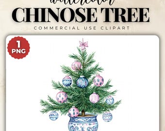 Chinoiserie Christmas Tree Clipart: Watercolor Pink Xmas (digital ...